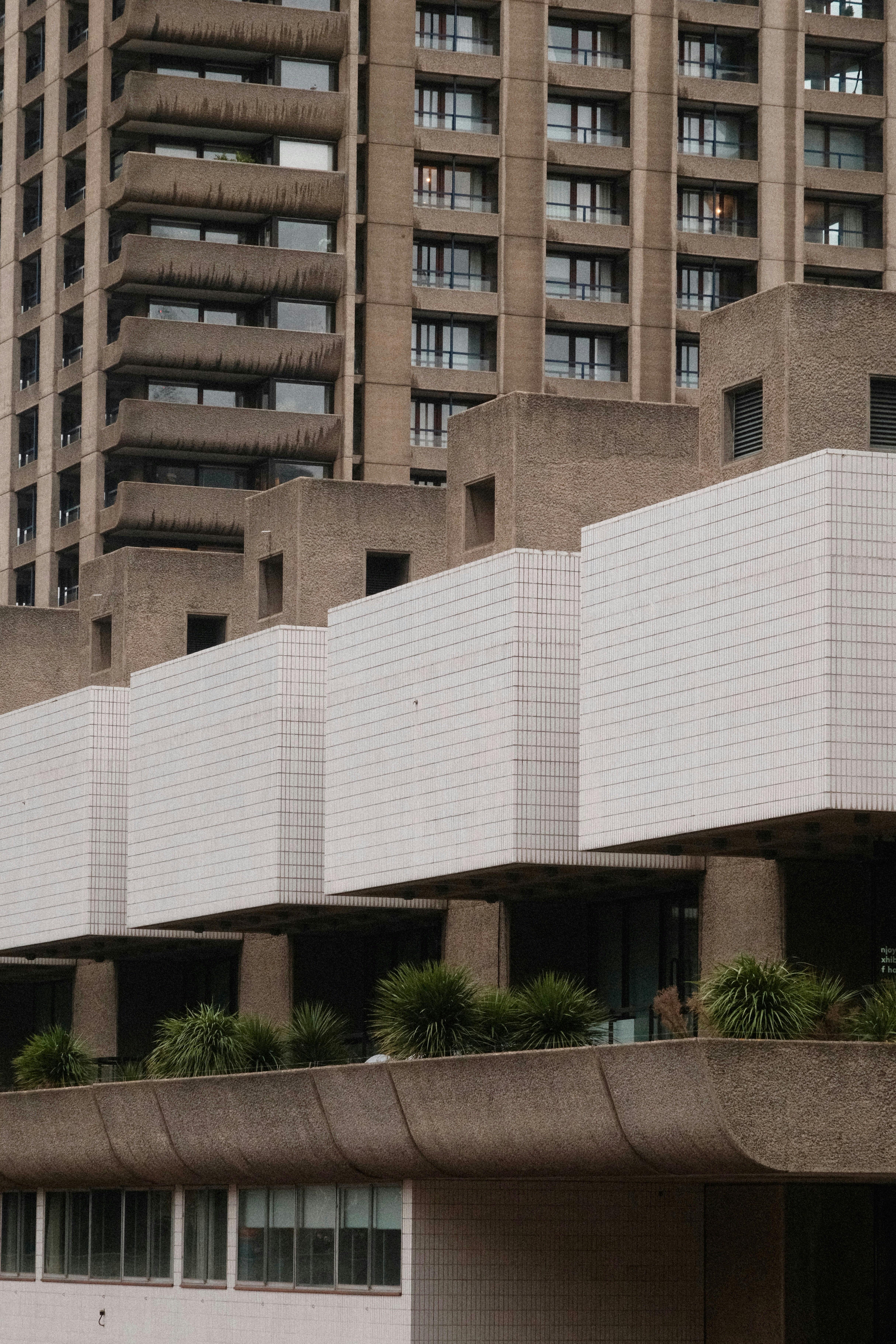 Brutalist concrete buildings with white balconies and green plants.