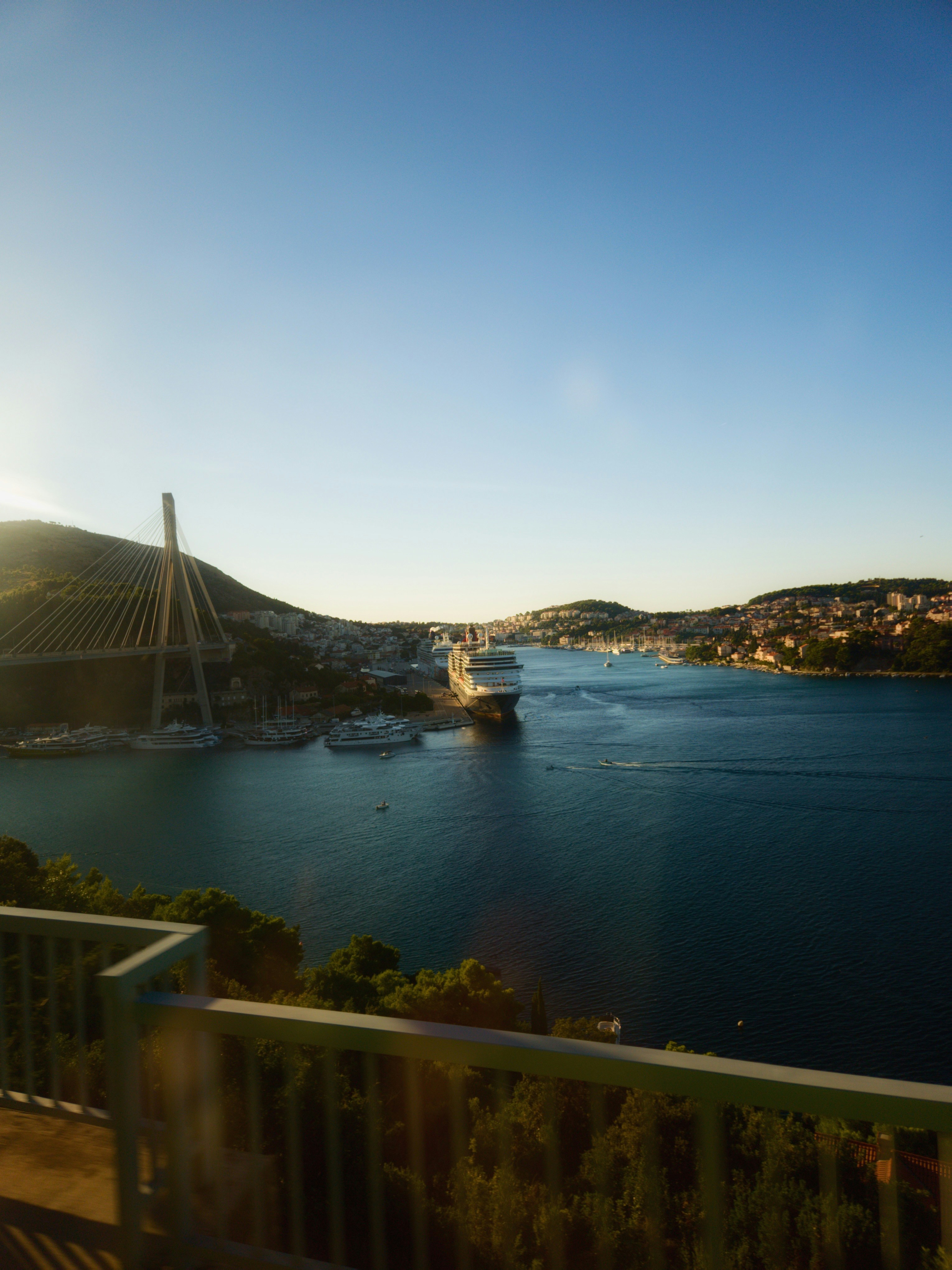Cruise ship in a bay with a bridge and city.