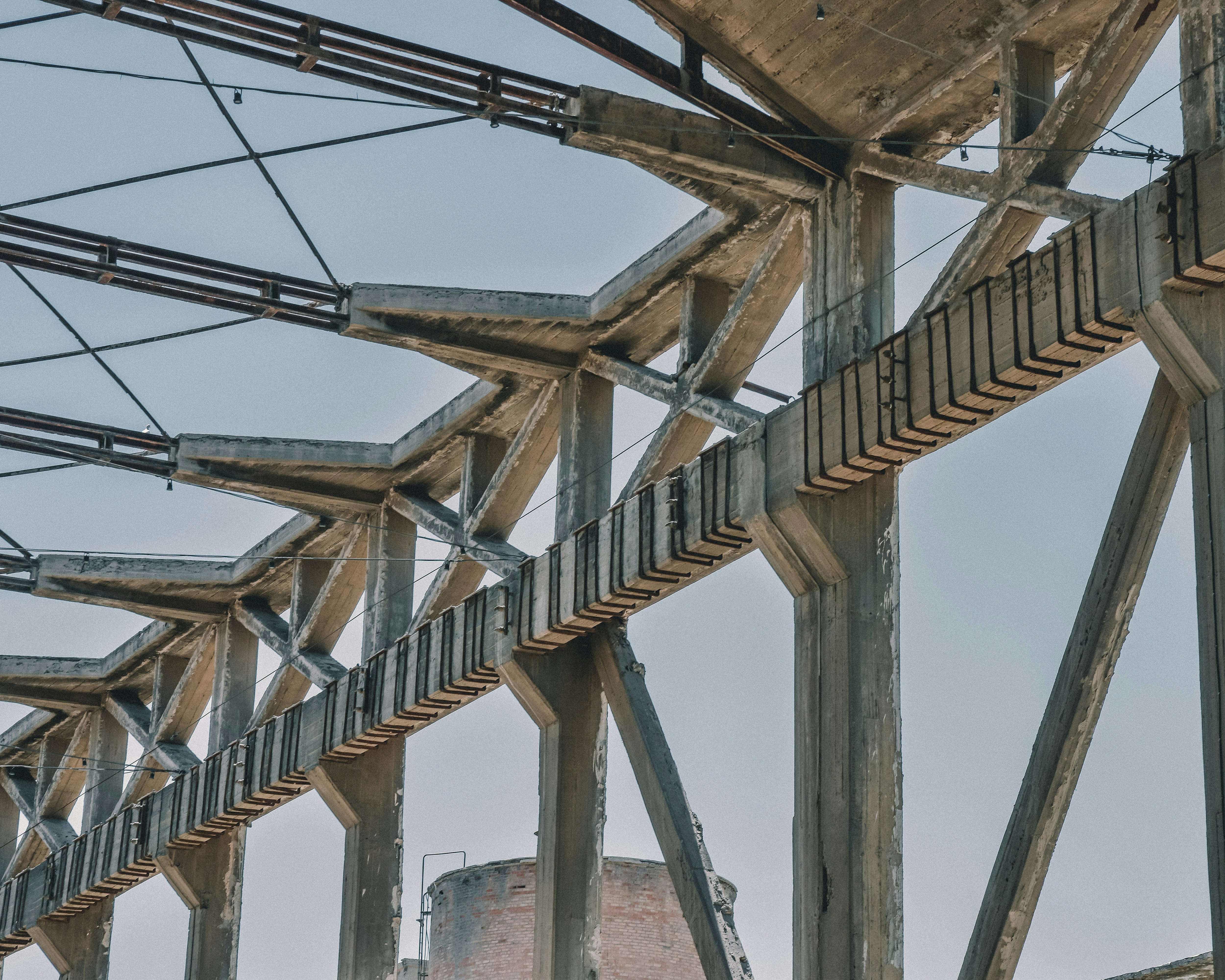 Industrial Skeleton: A Concrete Bridge Underframe Reaches Toward the Sky