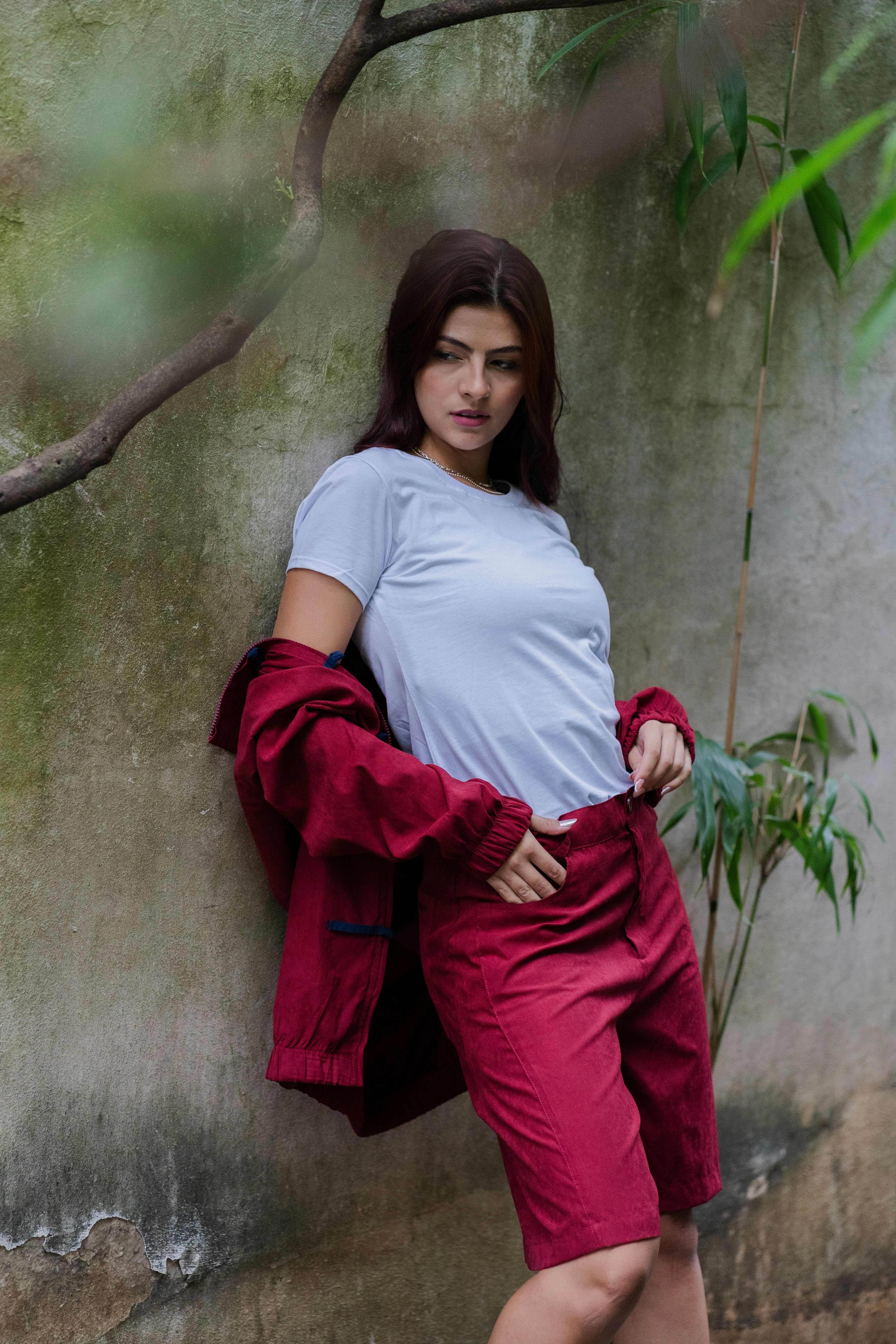 Red Velvet in the Urban Green: A Confident Pause by the Wall