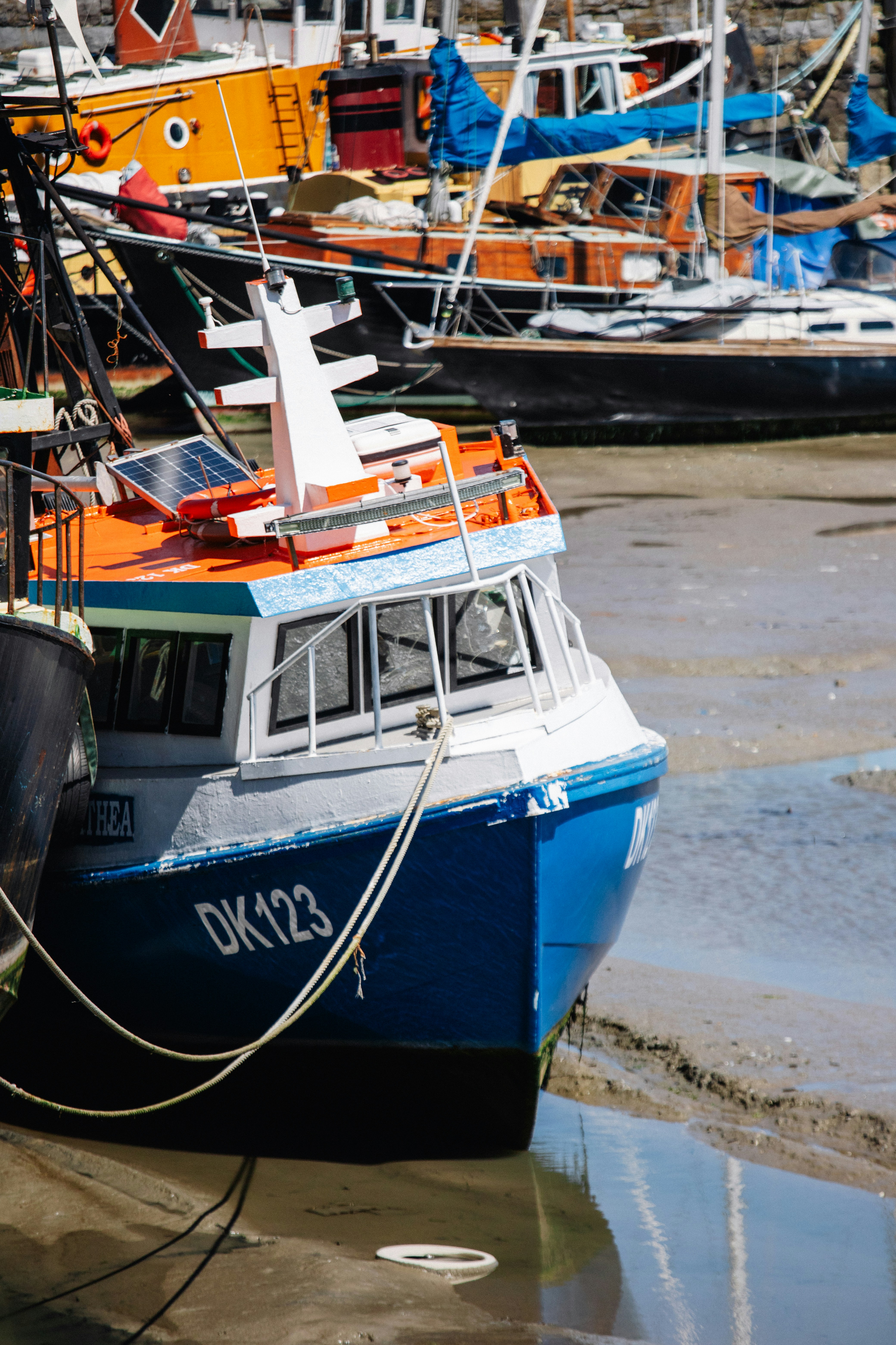 Harbor Vessel at Low Tide: A Tangle of Colors and Ropes