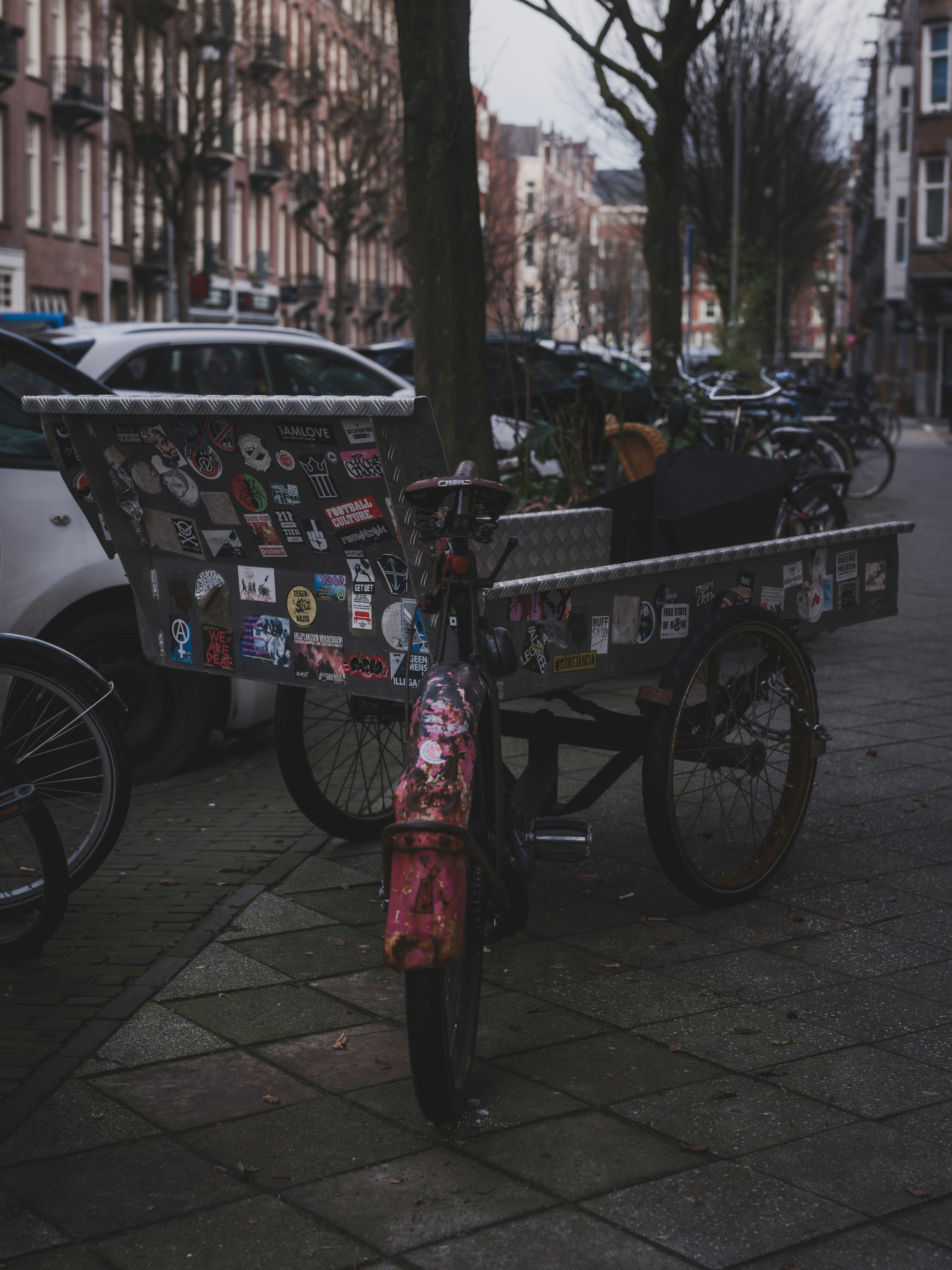 Stickered Cargo: A Bicycle Laden with Stories on a Dutch Street