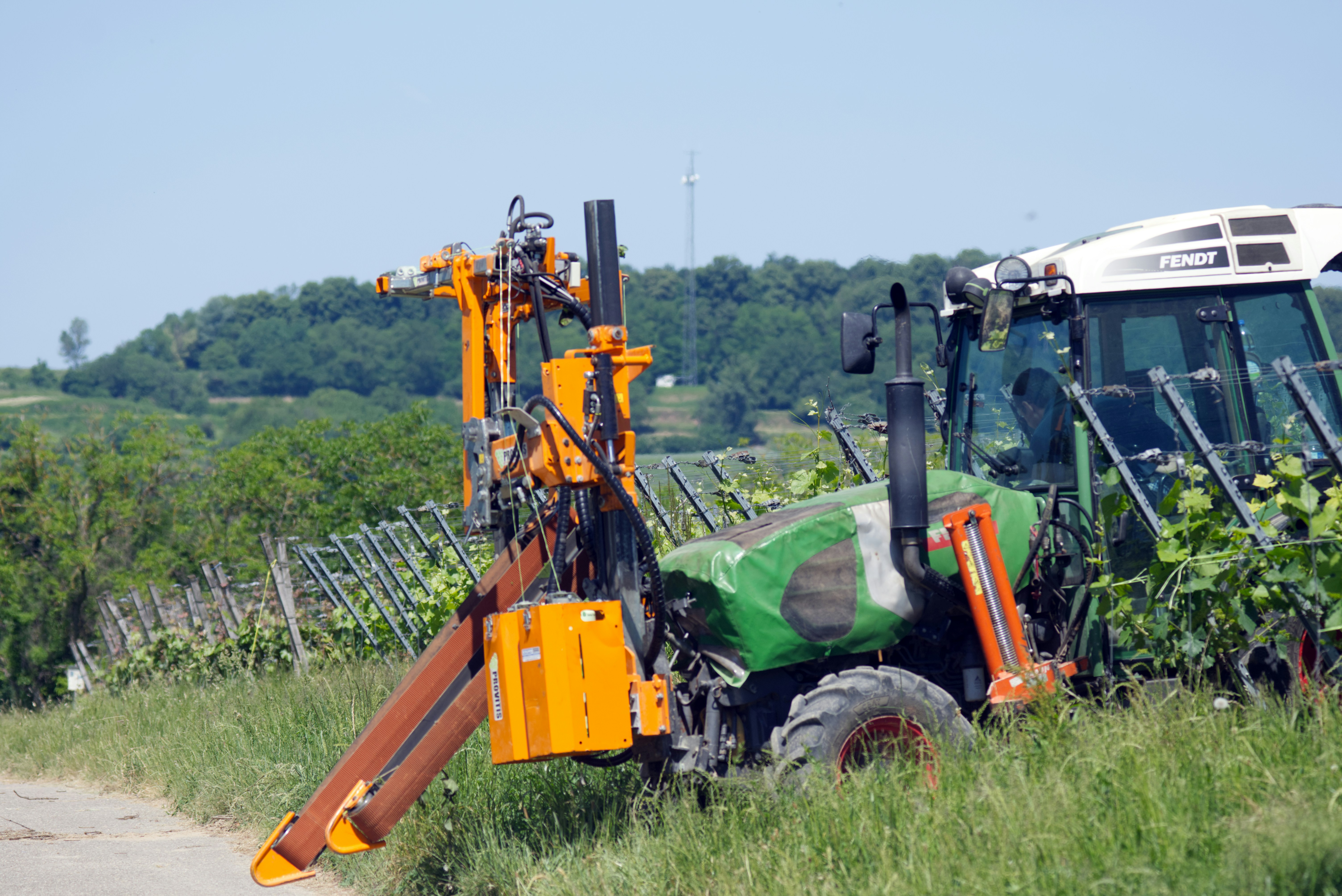 Green tractor with an orange harvesting implement sits in a grassy roadside area, with a vineyard row and distant trees in the background.