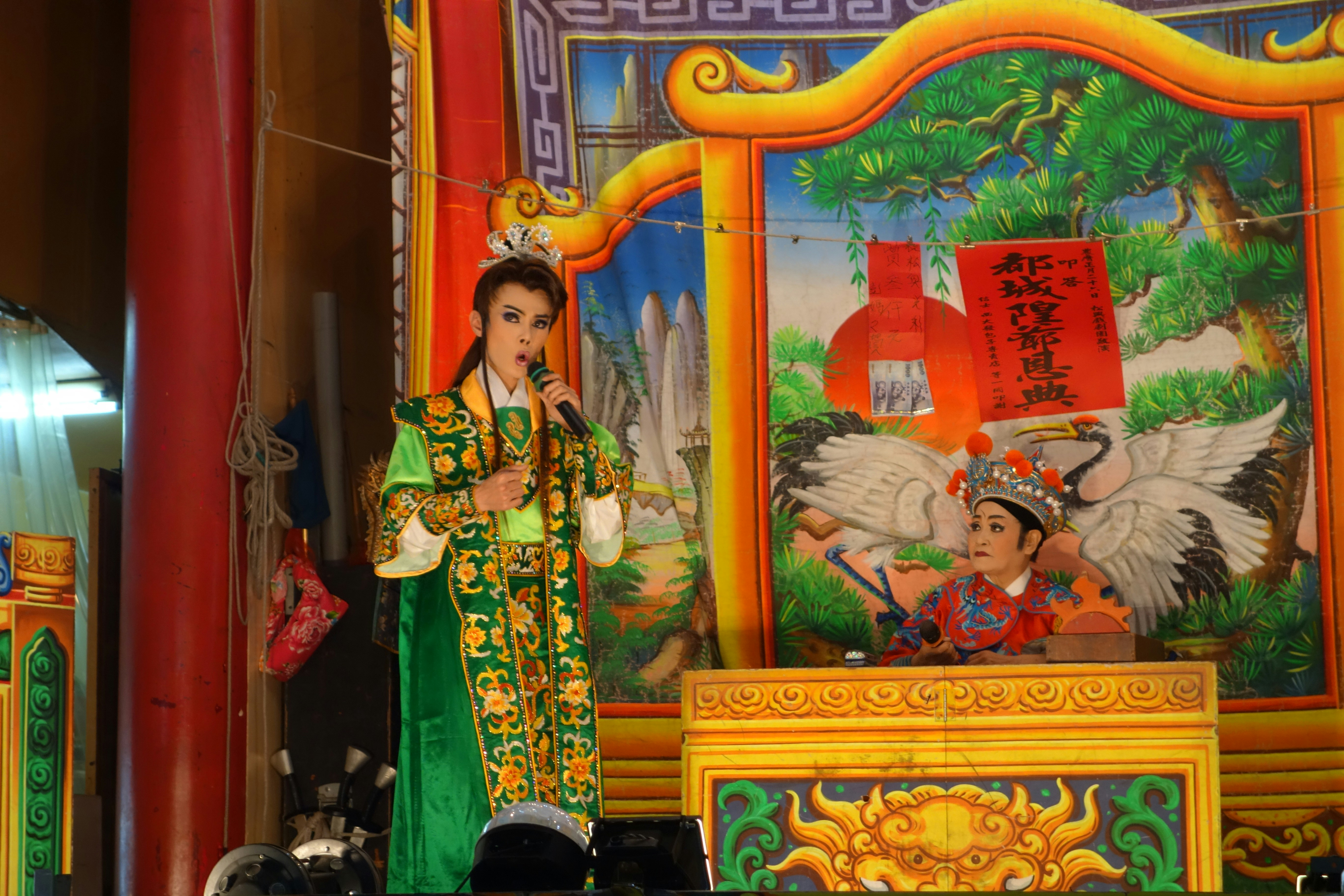 Green-robed Performer Under Ornate Backdrop on Stage