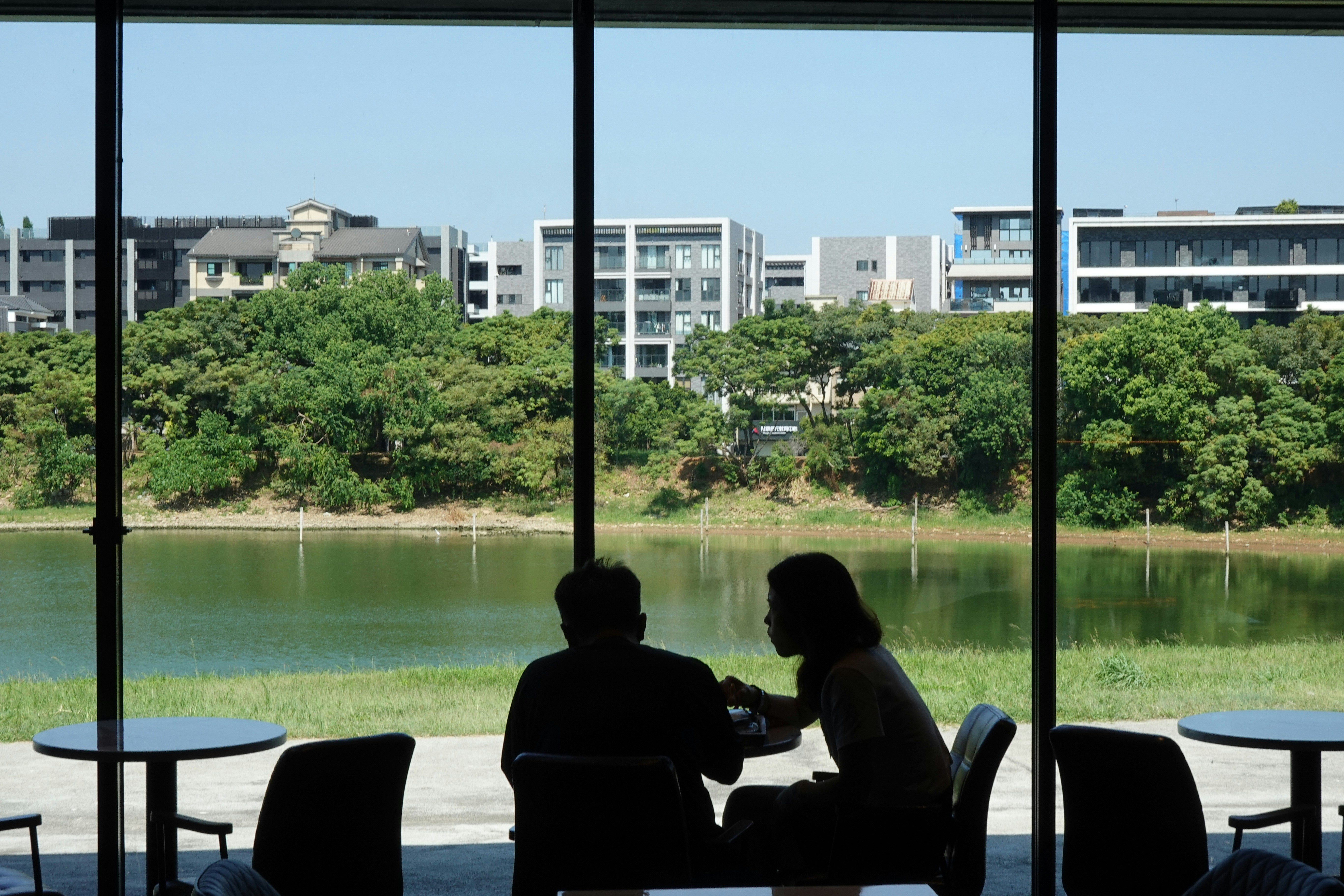 Silhouetted Couple in Shadowed Café Framing a Lakeline Bloom