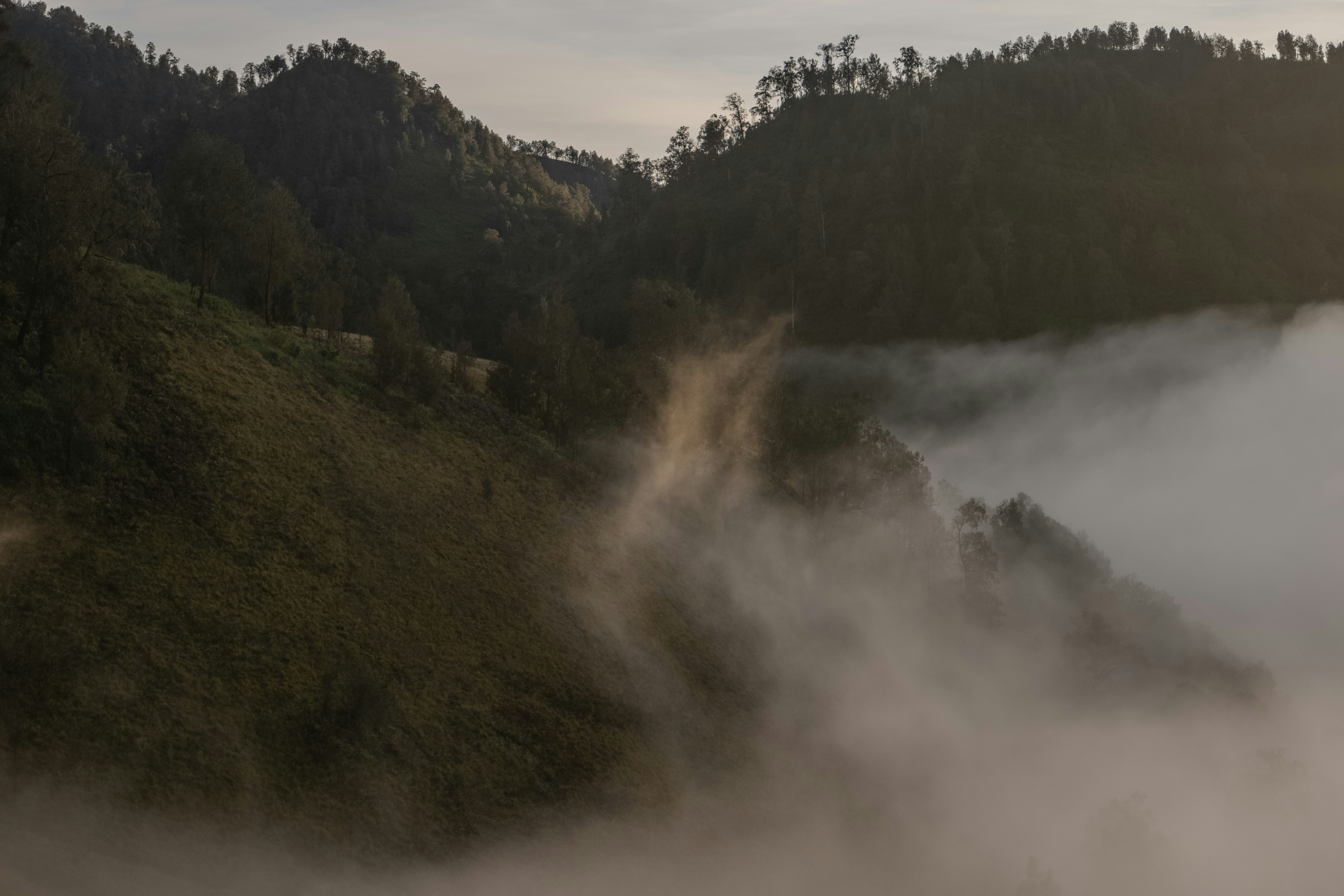 A higher hill during sunrise at Ranu Kumbolo site, surrounded by clouds.