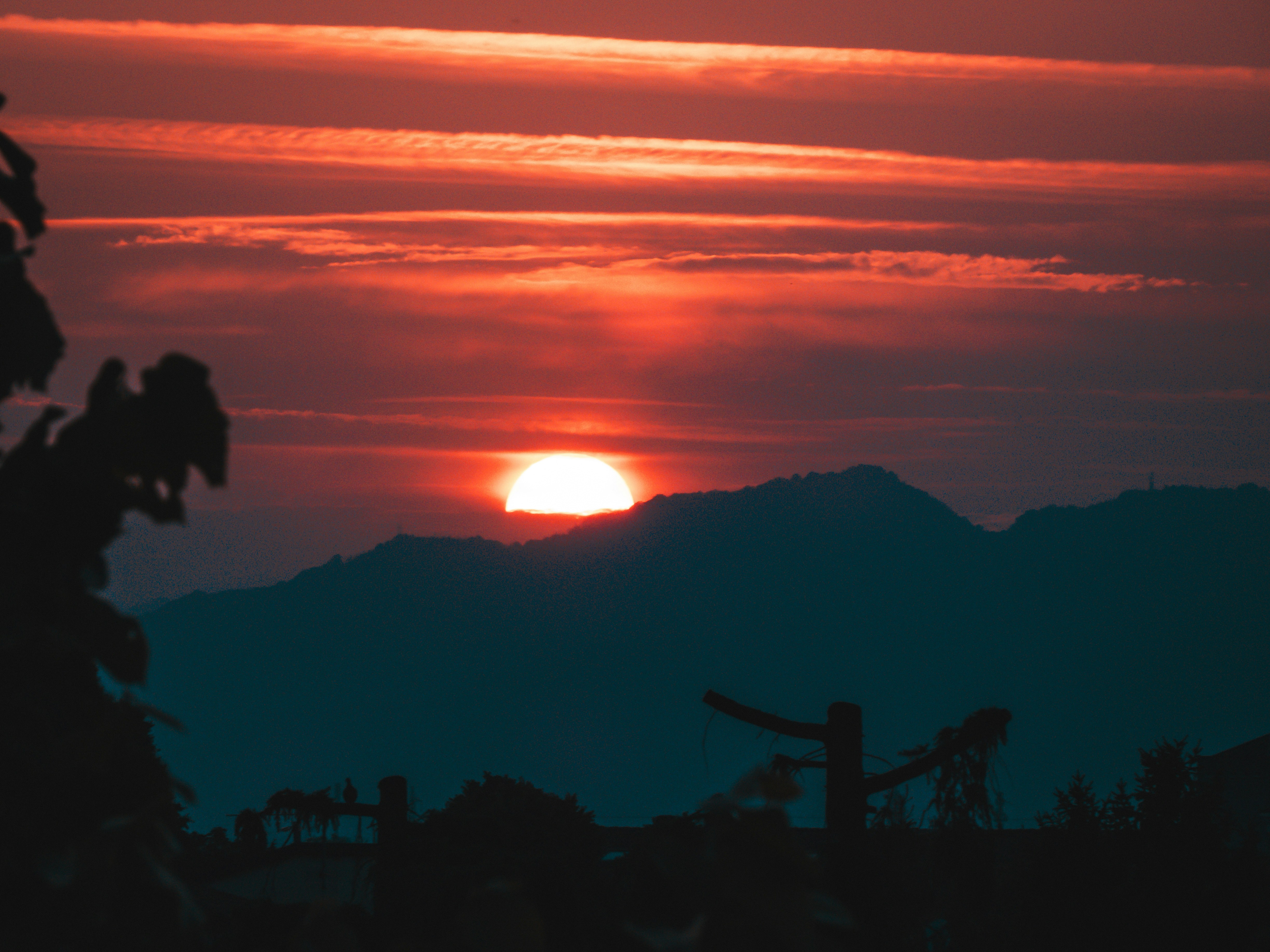 Dramatic crimson sunset over a dark mountain silhouette. The sun dips below the horizon, painting the sky and layered clouds in deep shades of red and orange, framed by dark foreground foliage. Perfect for intense, powerful backgrounds and moody aesthetic covers.