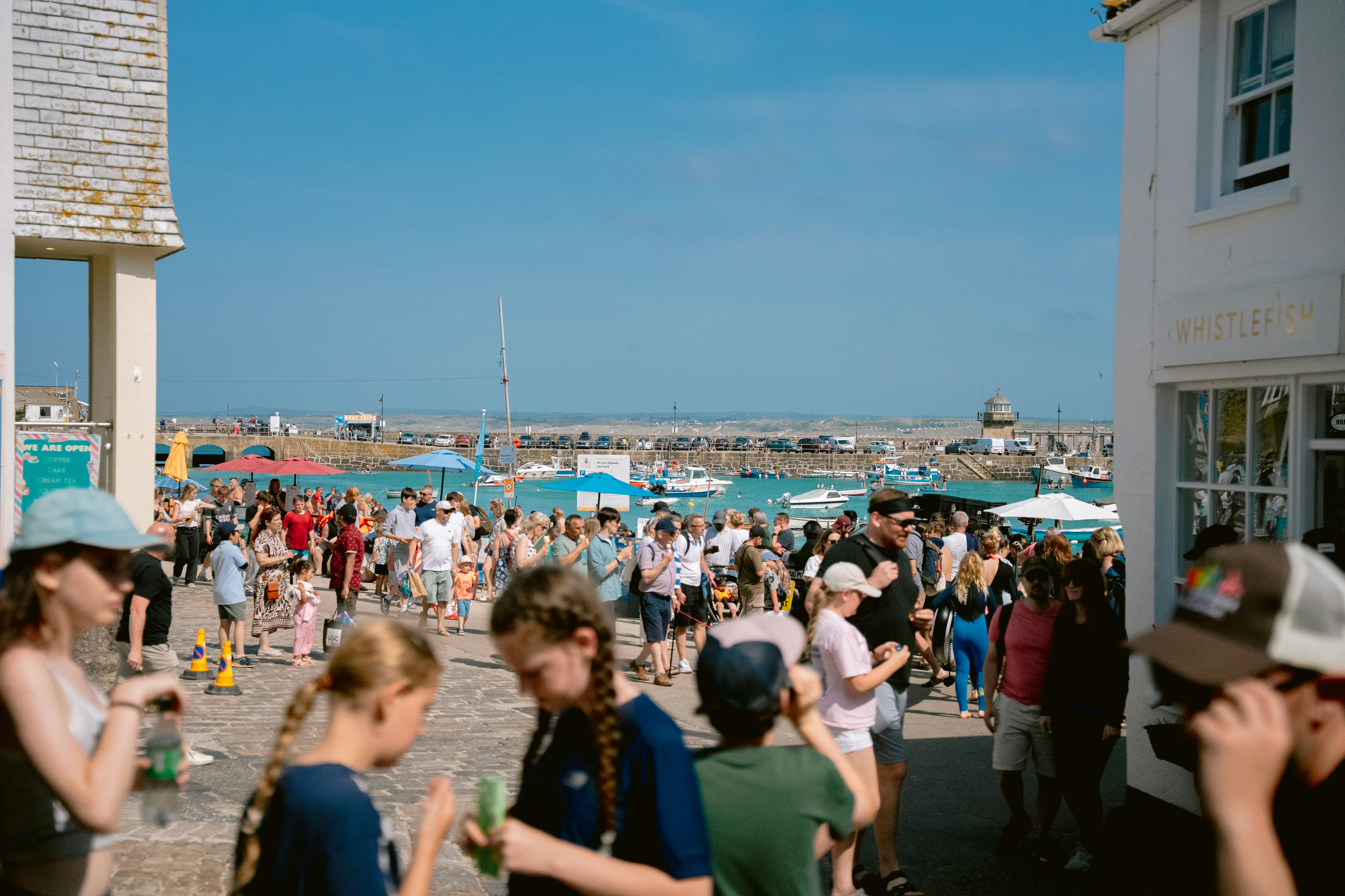 Harbor Crowd Pulse: A Sunlit Coastal Boardwalk in Motion