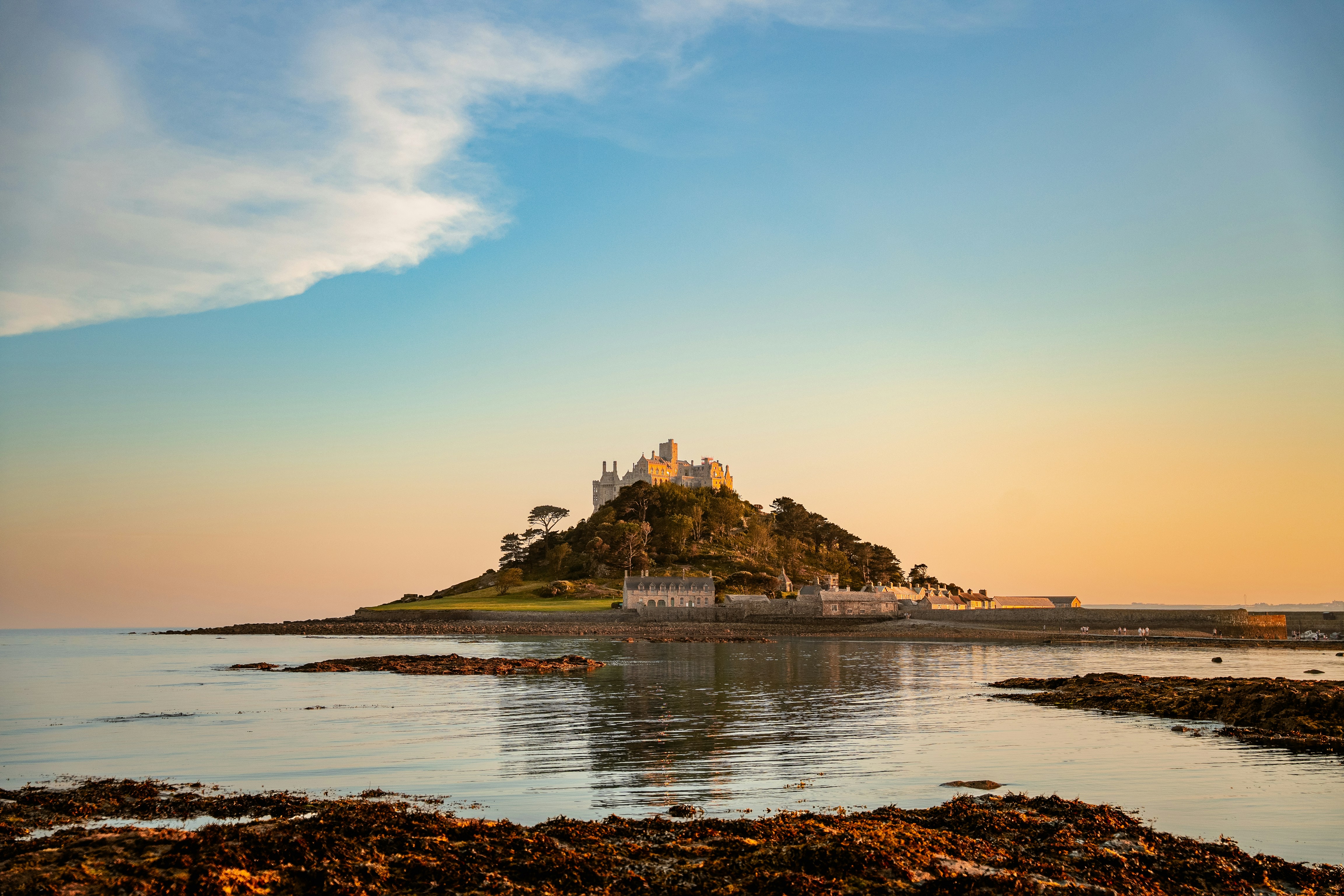 Harbor Fortress: An Islanded Castle Shaped by Sunset