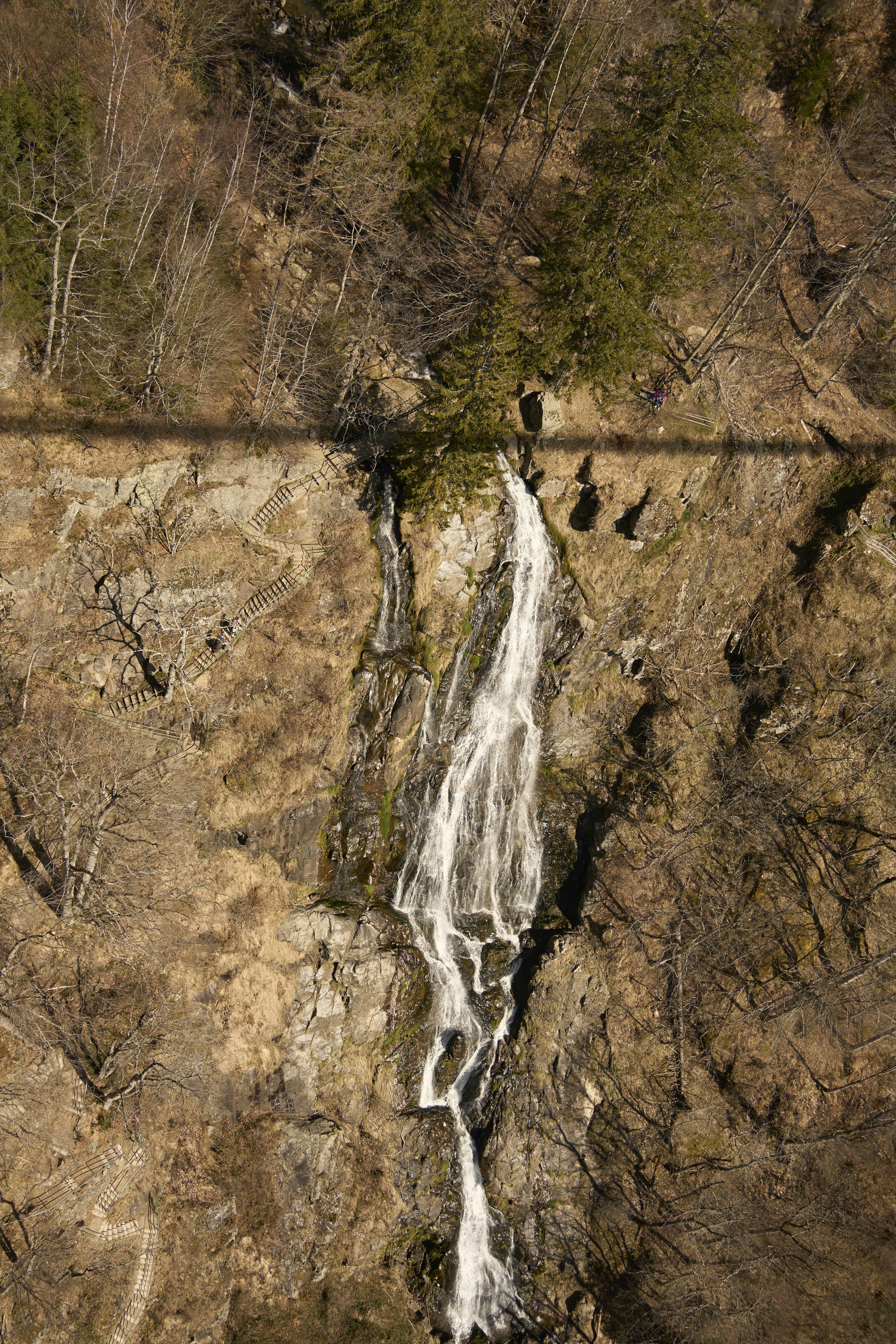 Aerial Cascade: A Narrow Waterfall Wends Through Brown Forest Terrain