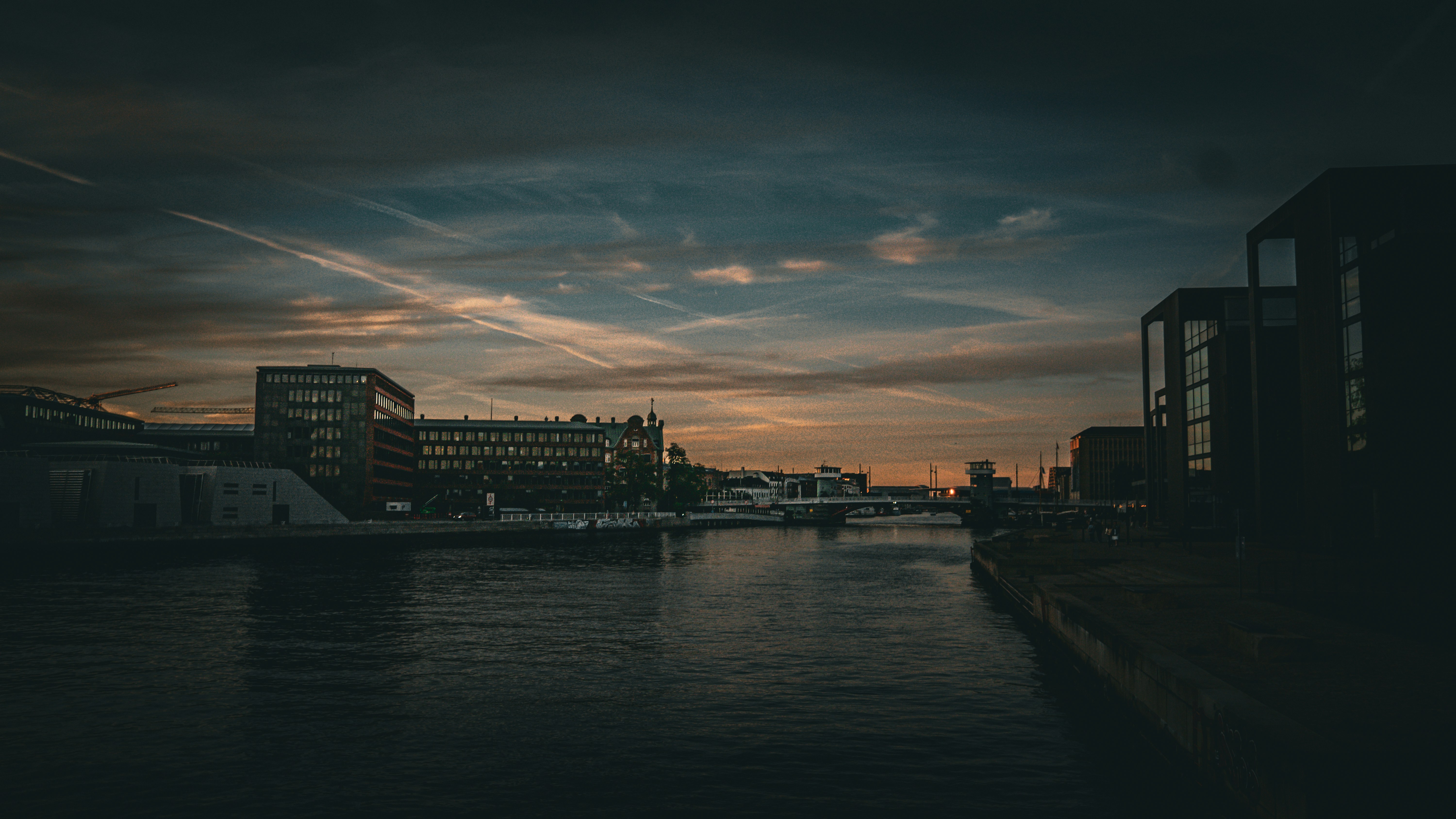 Dusk Over the Quiet Docks: A Cityscape in Twilight Blues