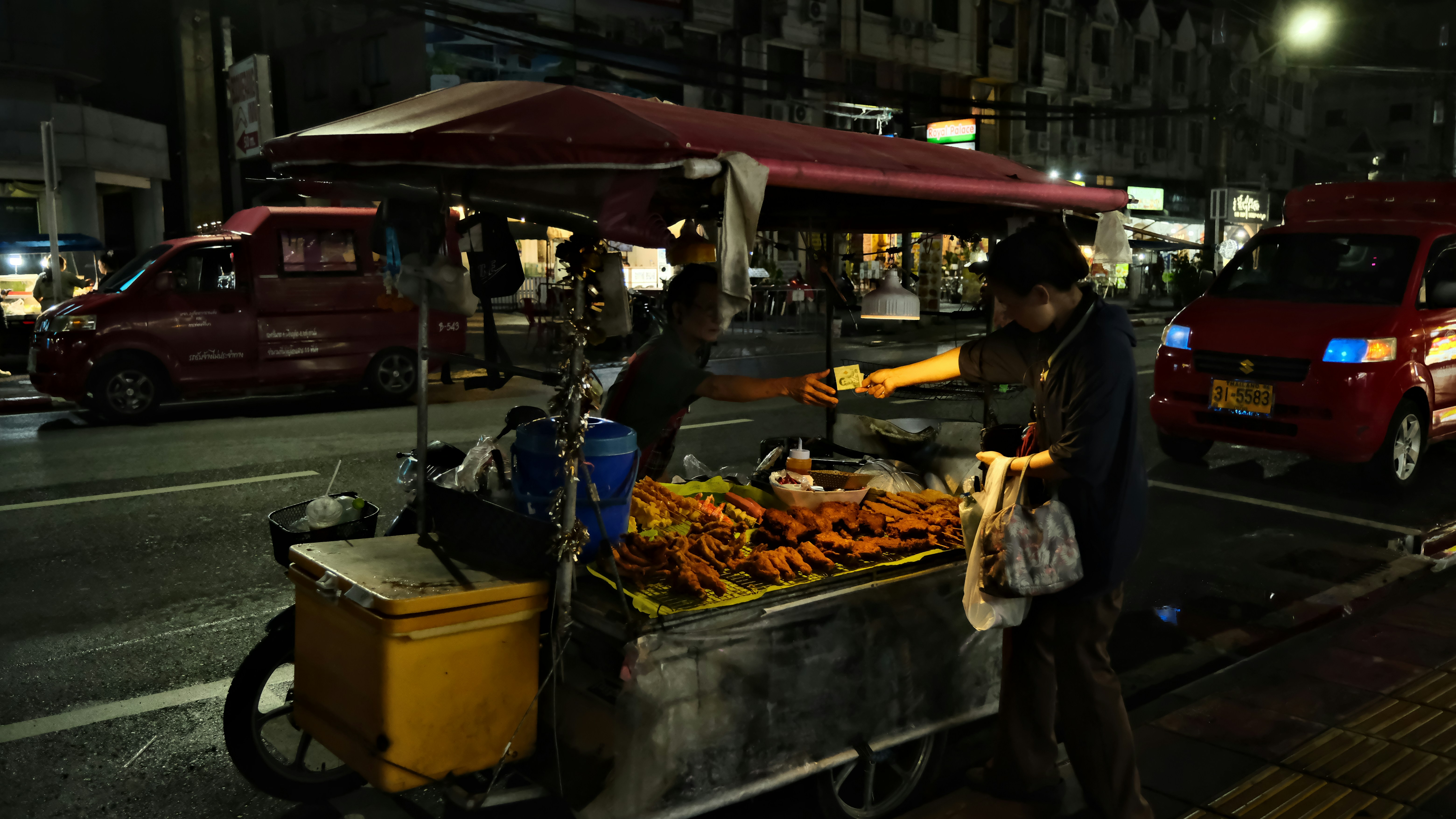 Street Vendor Grill Under the Neon Night: A Frantic Snack Run