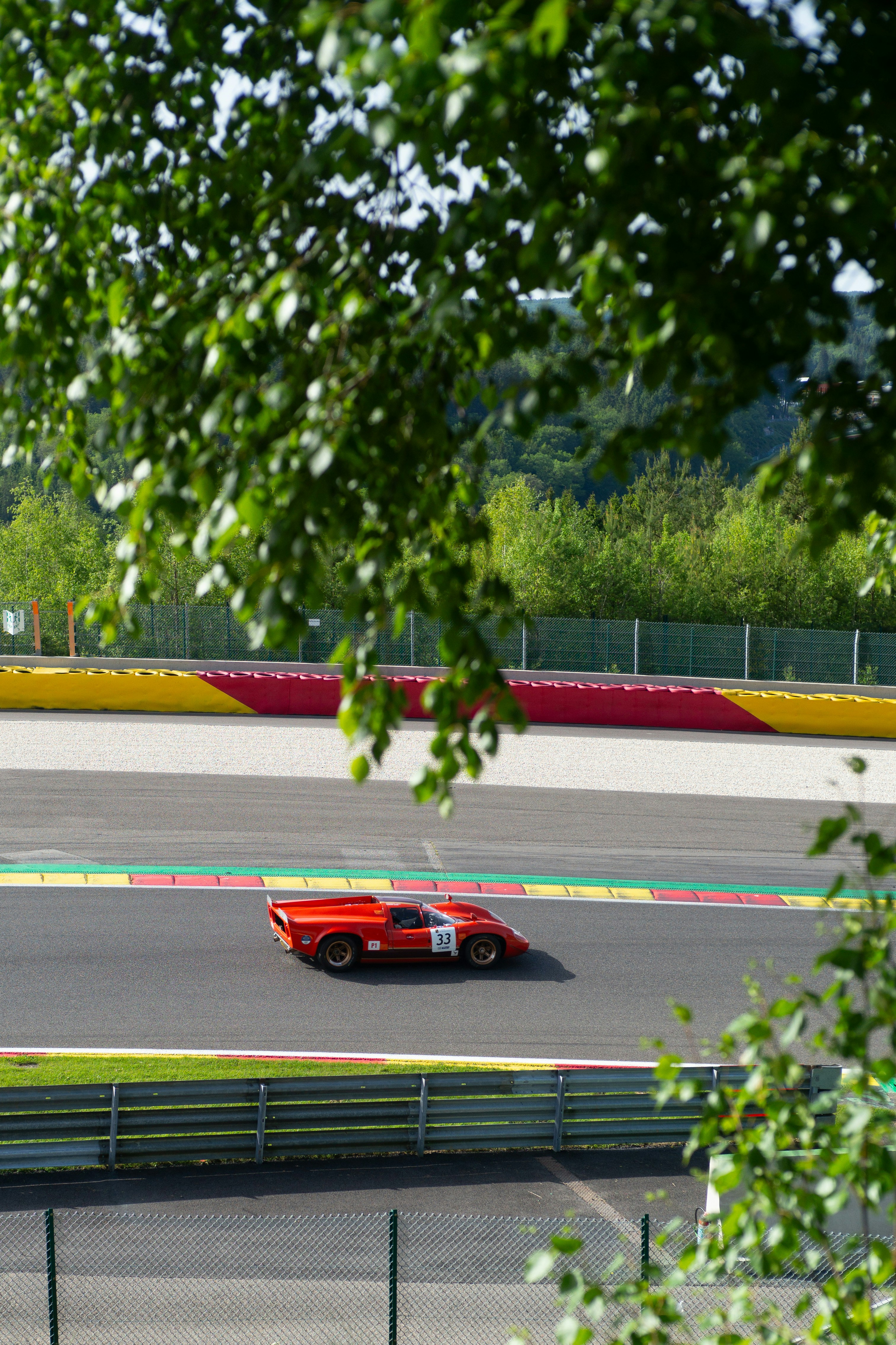 Red vintage race car on track, framed by green foliage.