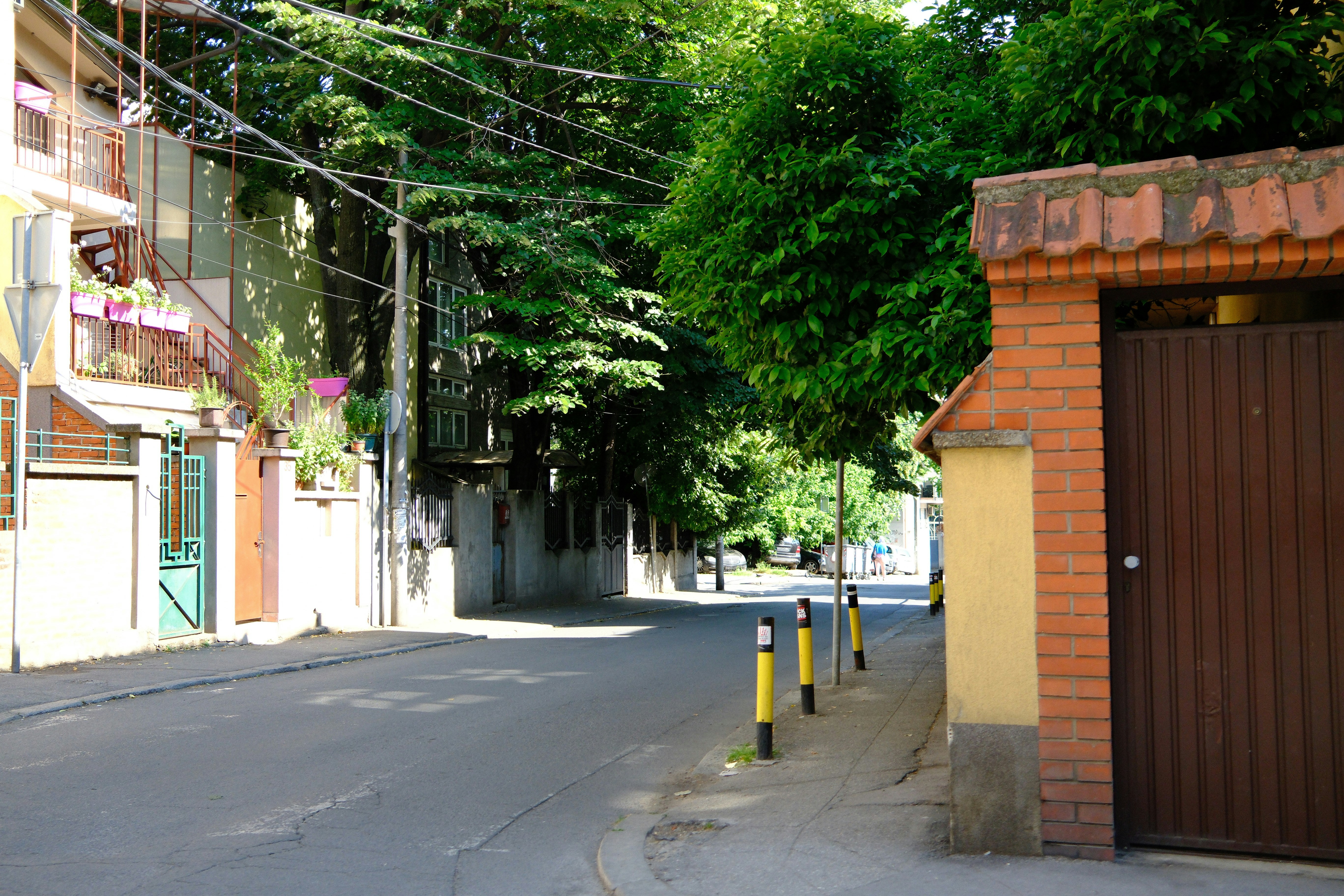 Quiet Street Veil: Sunlit Neighborhood With A Brick Gate