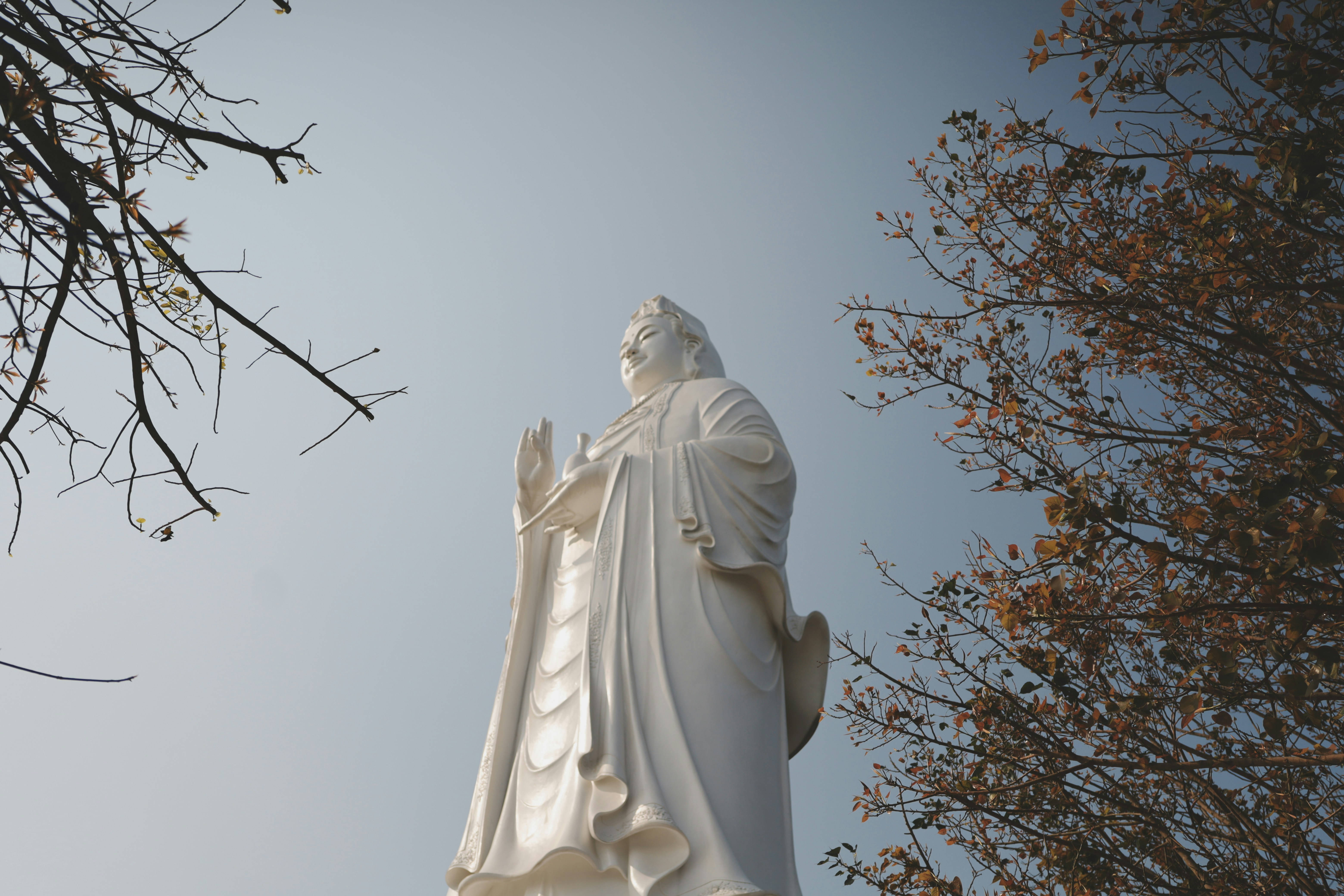 Stone Observer: A Reverent Statue Reaching Toward the Sky