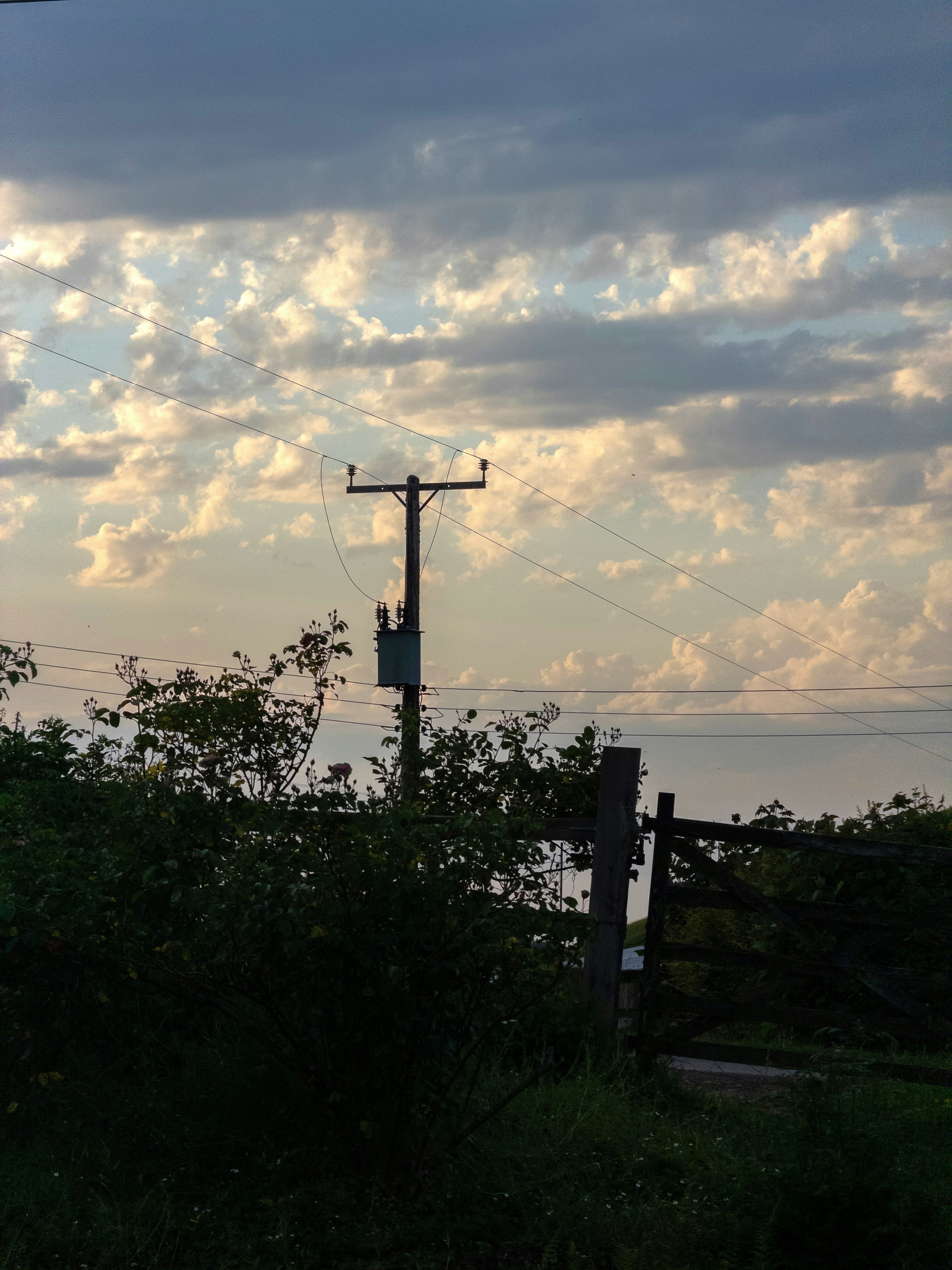 Pole and power lines under a cloudy golden sky