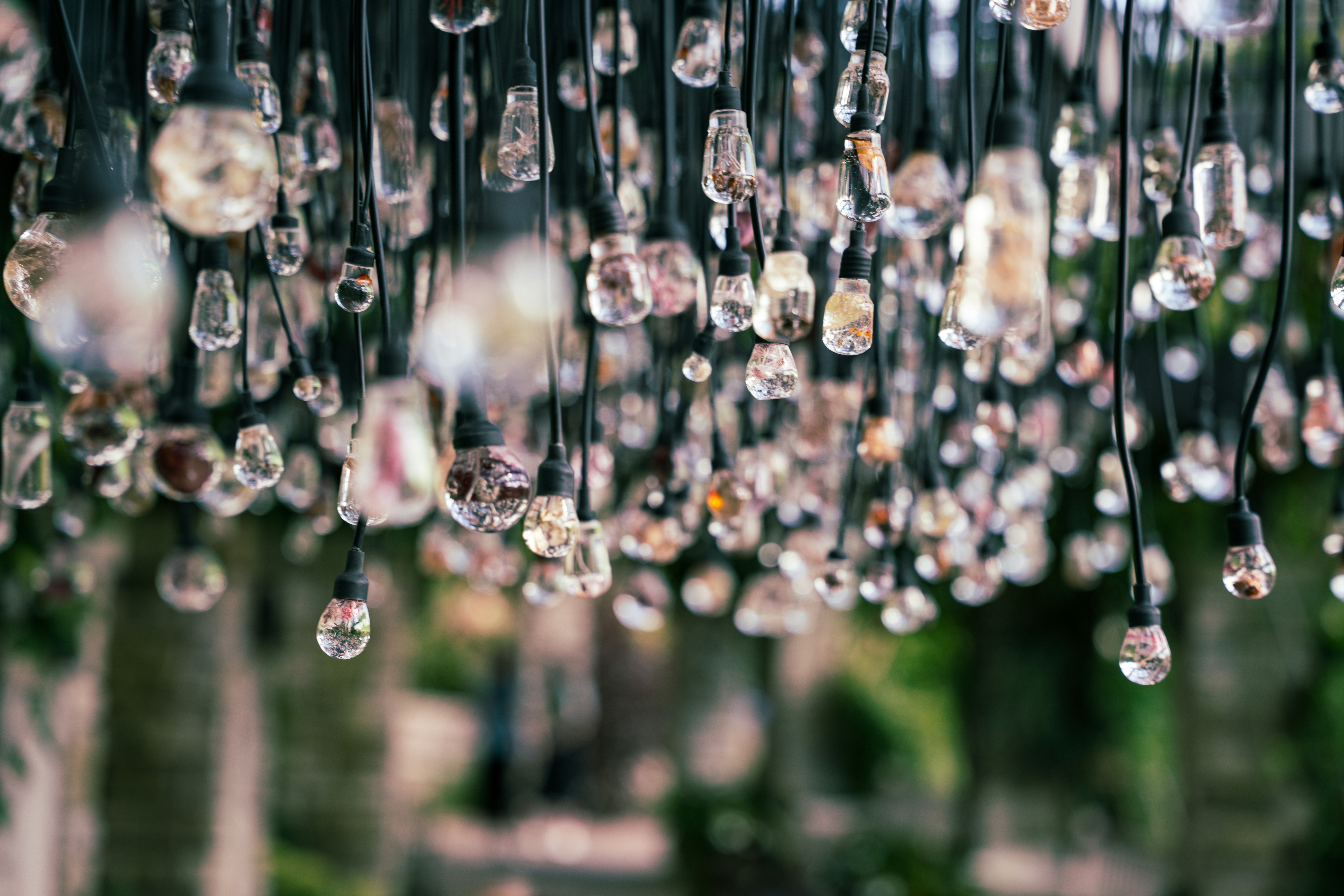 Sparkling droplets on hanging stems: a forest of glass pearls