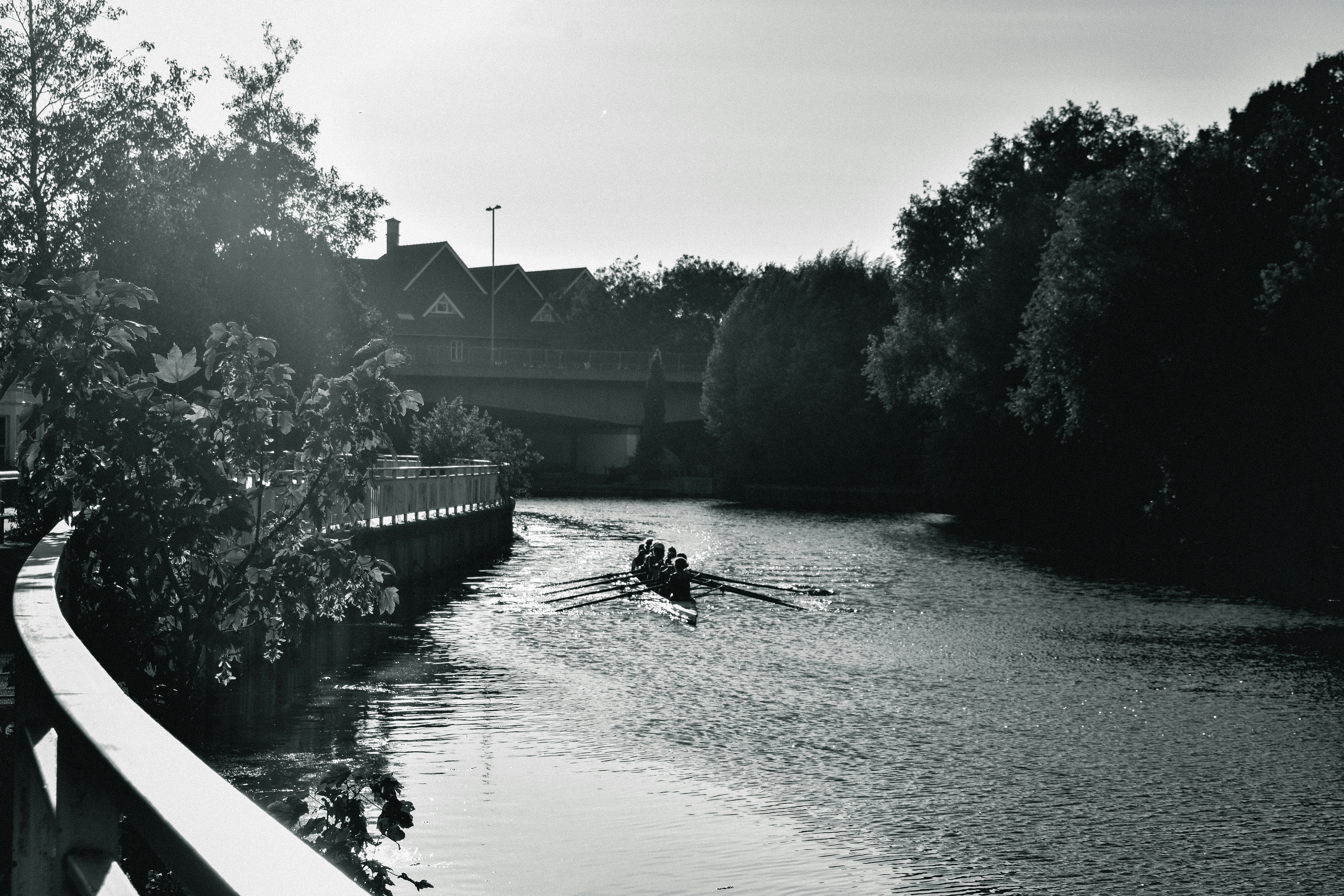 Oar’s Echo: River Bend under a Quiet Bridge