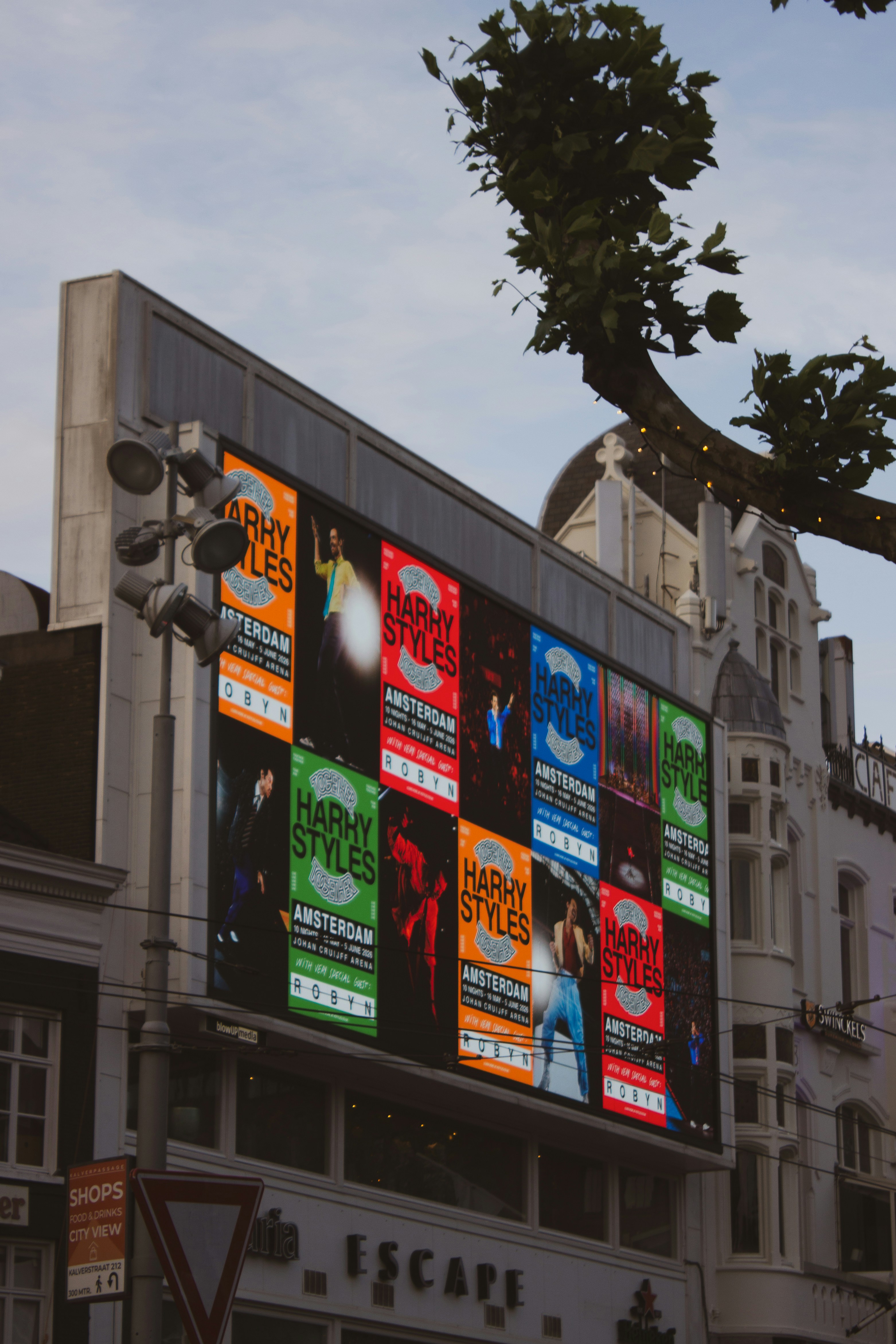 Vibrant marquee of poster-lit storefronts under a tree