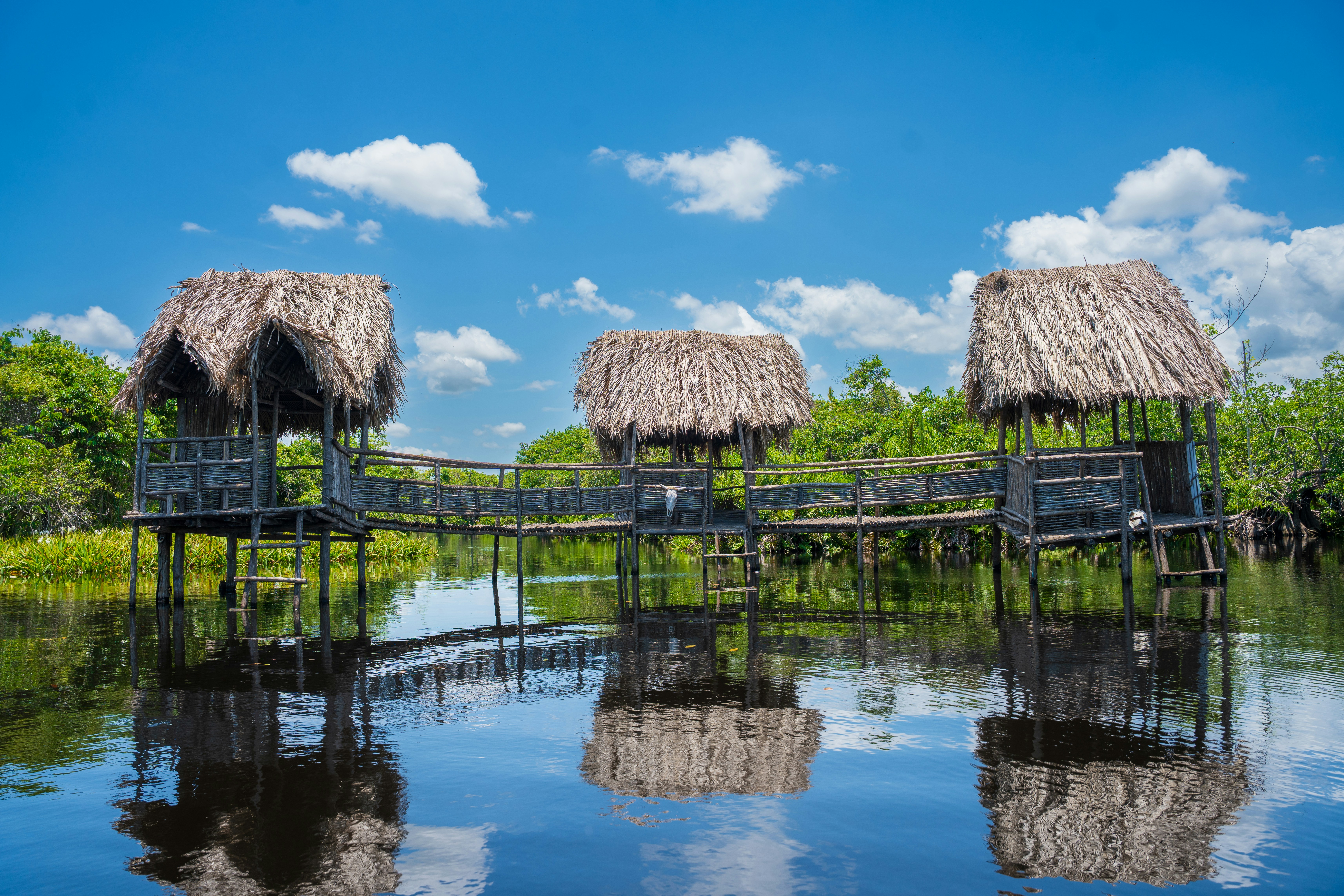Thatched stilts and mirrored serenity across a mangrove lagoon