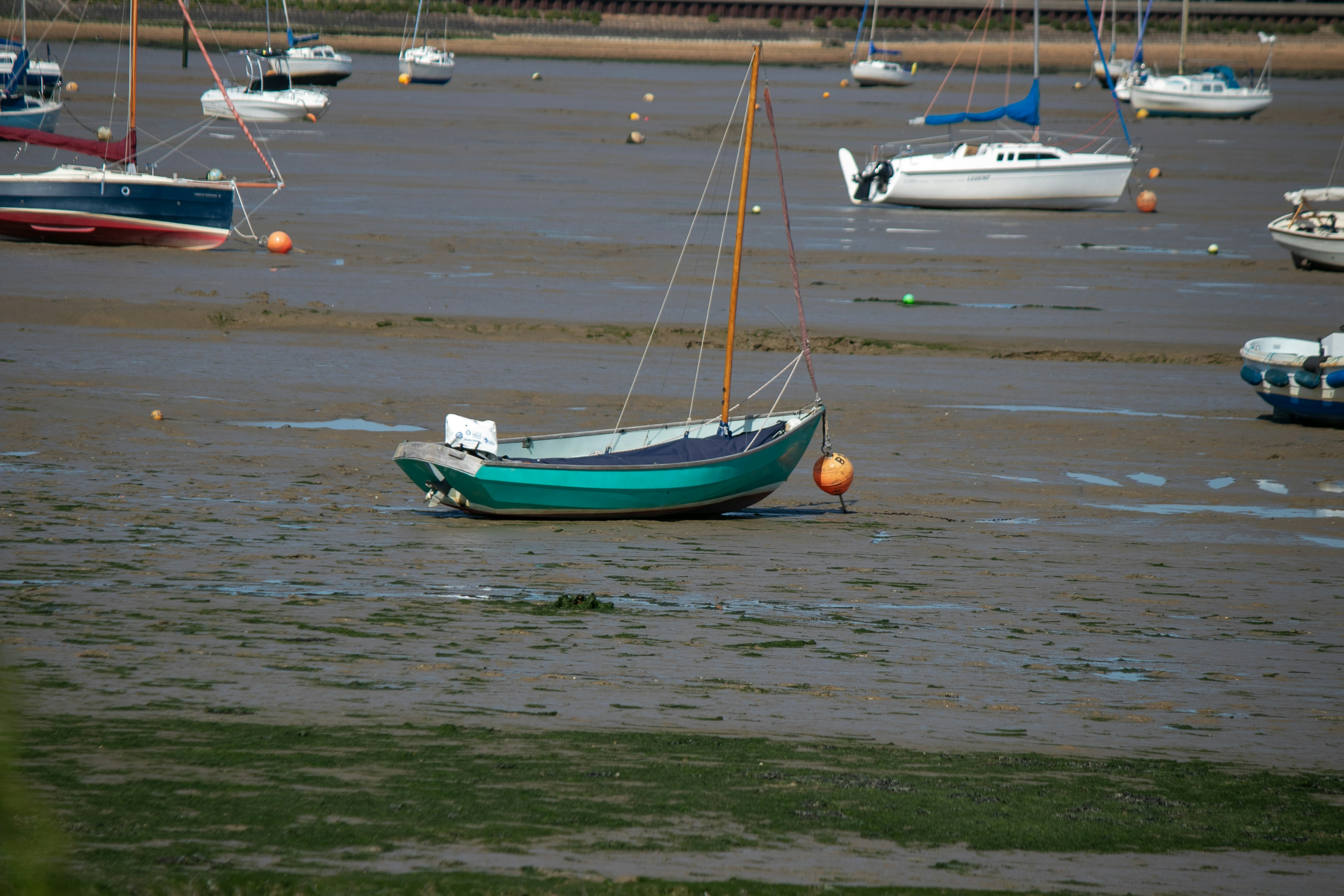 Green-hulled boat anchored in a tidal harbor with distant sailboats