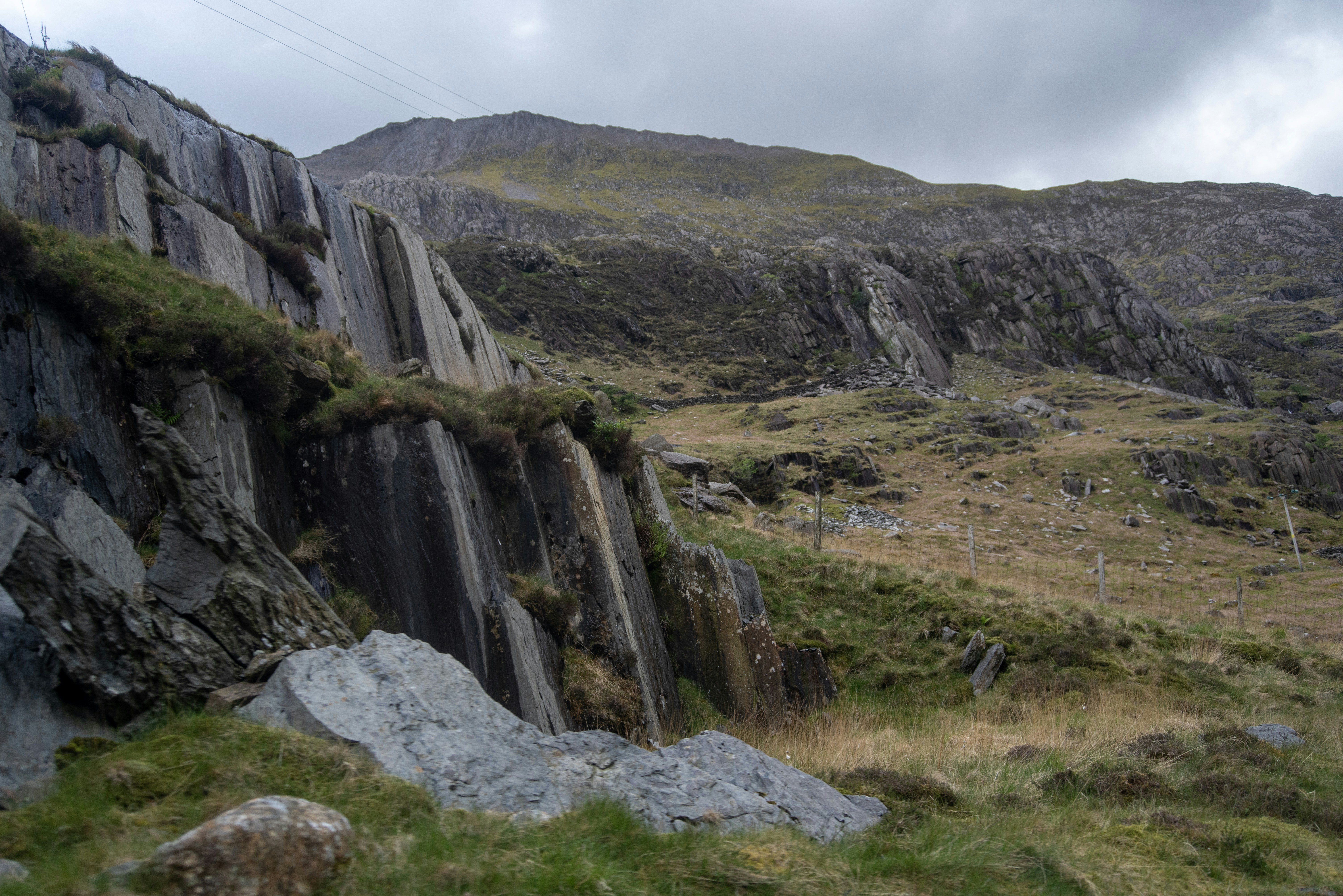 Rugged Promenade: Weathered Slate and Heather on a Highland Slope