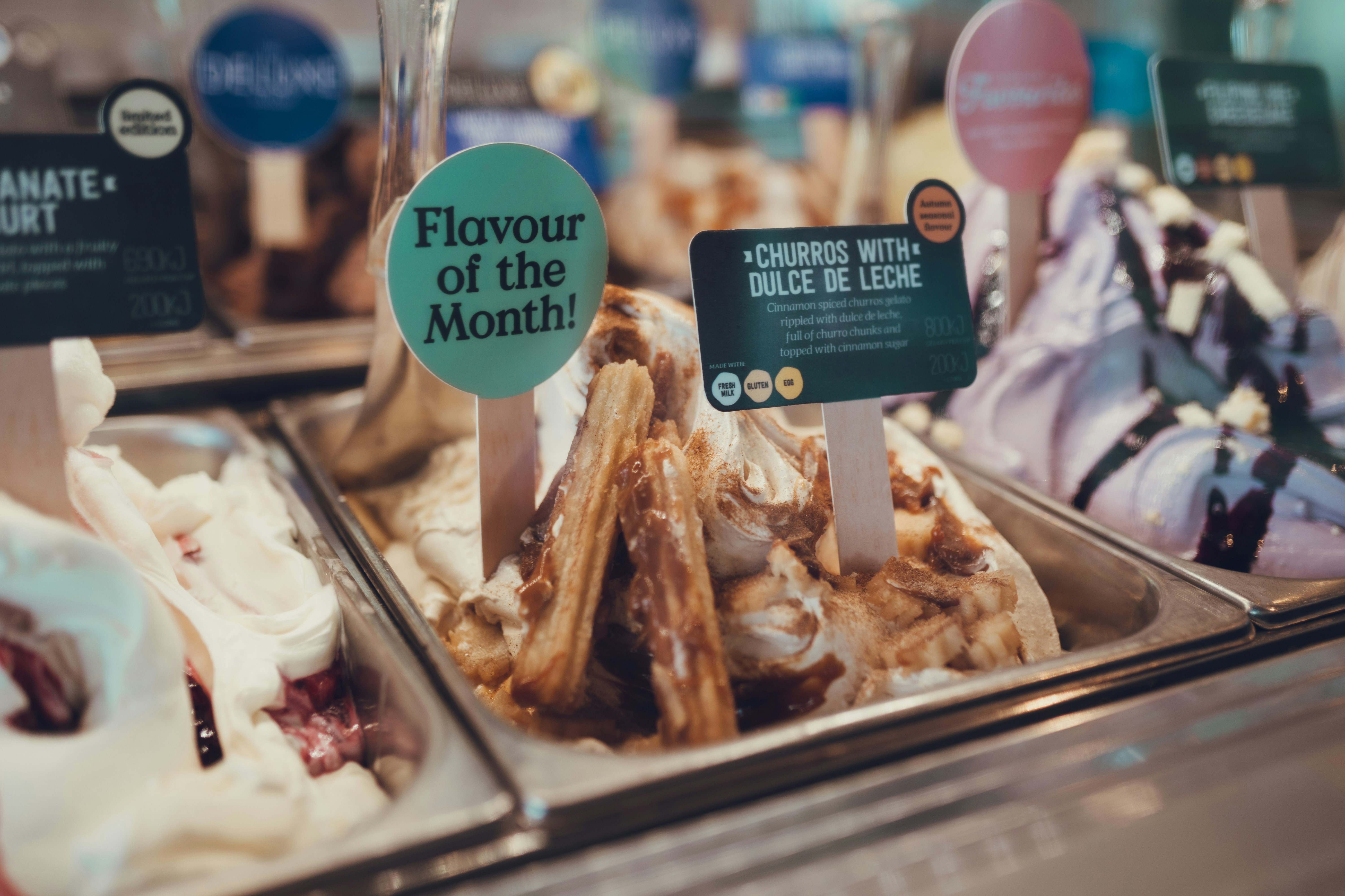 Churros with Dulce de Leche Sign in a Gelato Display