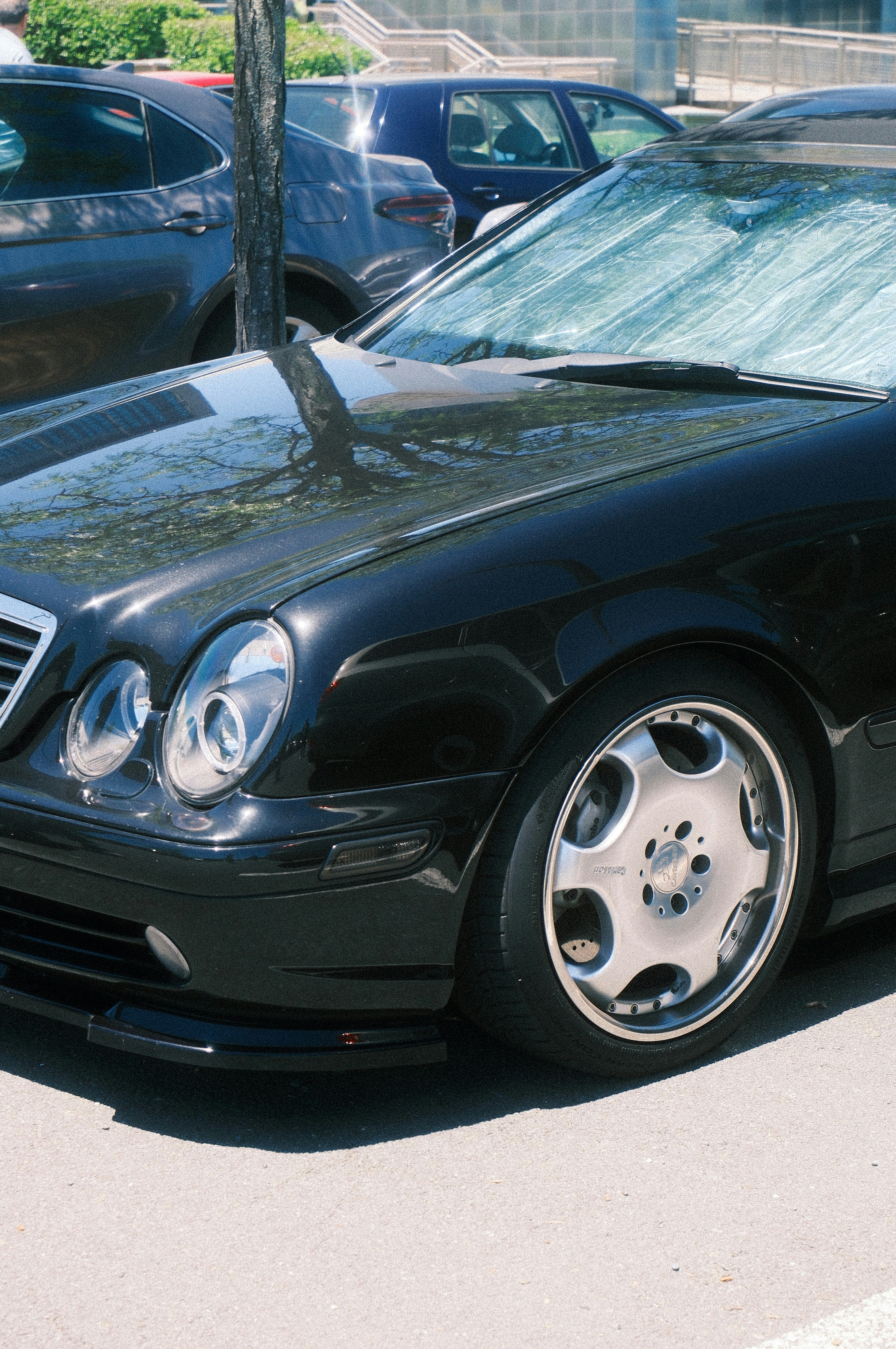 Low-angle Glimpse of a Sleek Black Mercedes in a Parking Lot