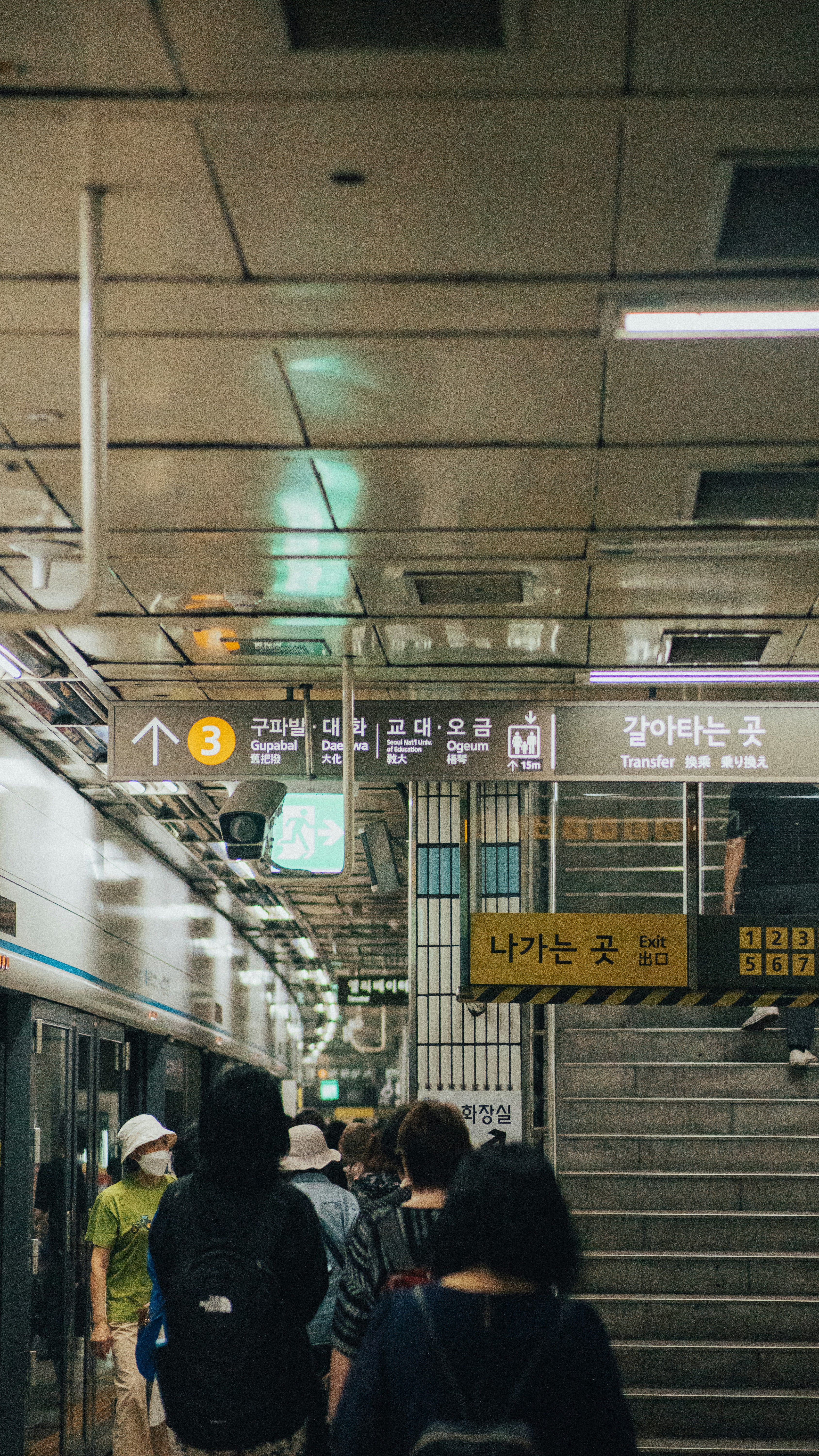 Midflight at the Metro: Signs, Stairs, and Silent Crowd