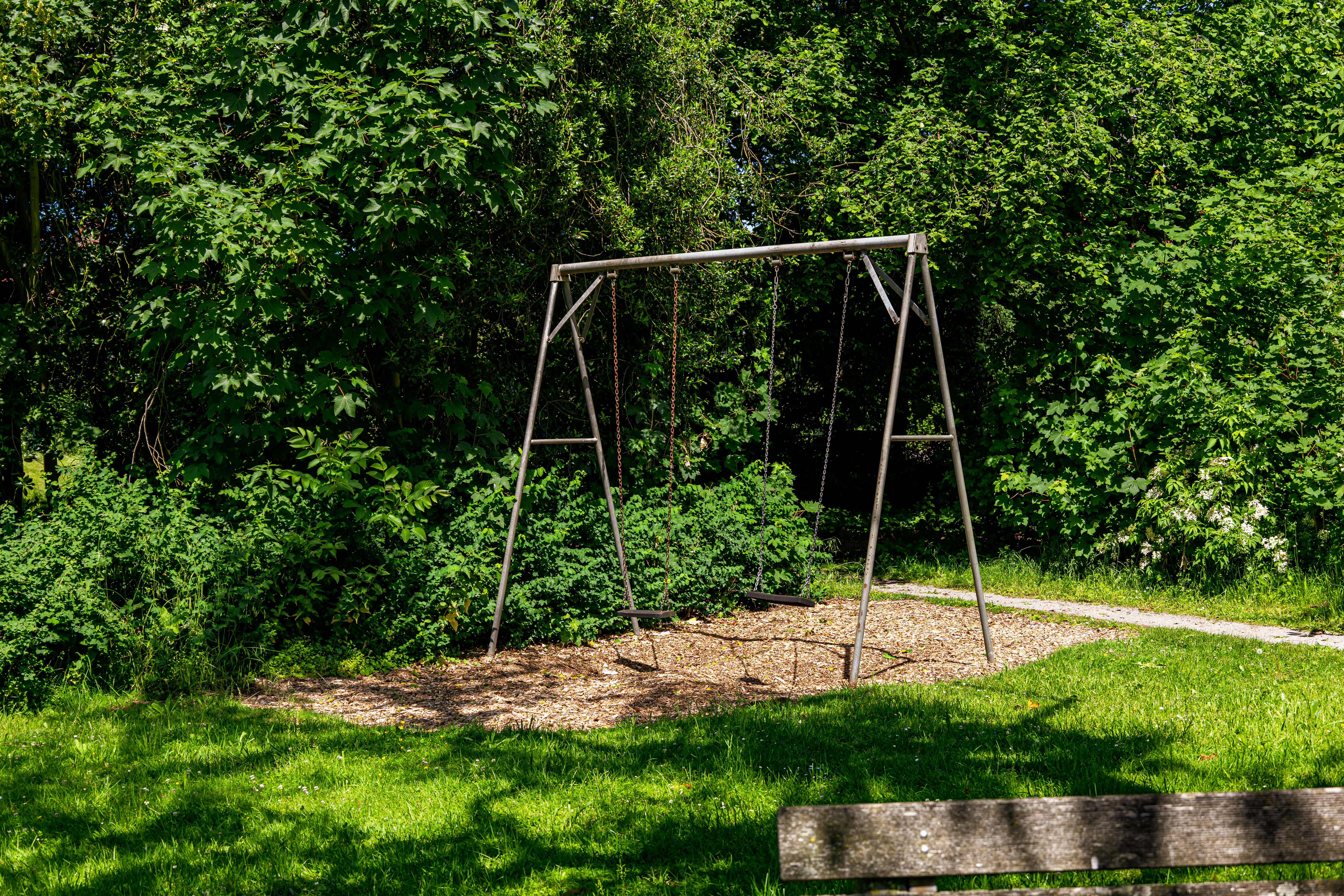 Quiet Playground in a Sunlit Green Clearing