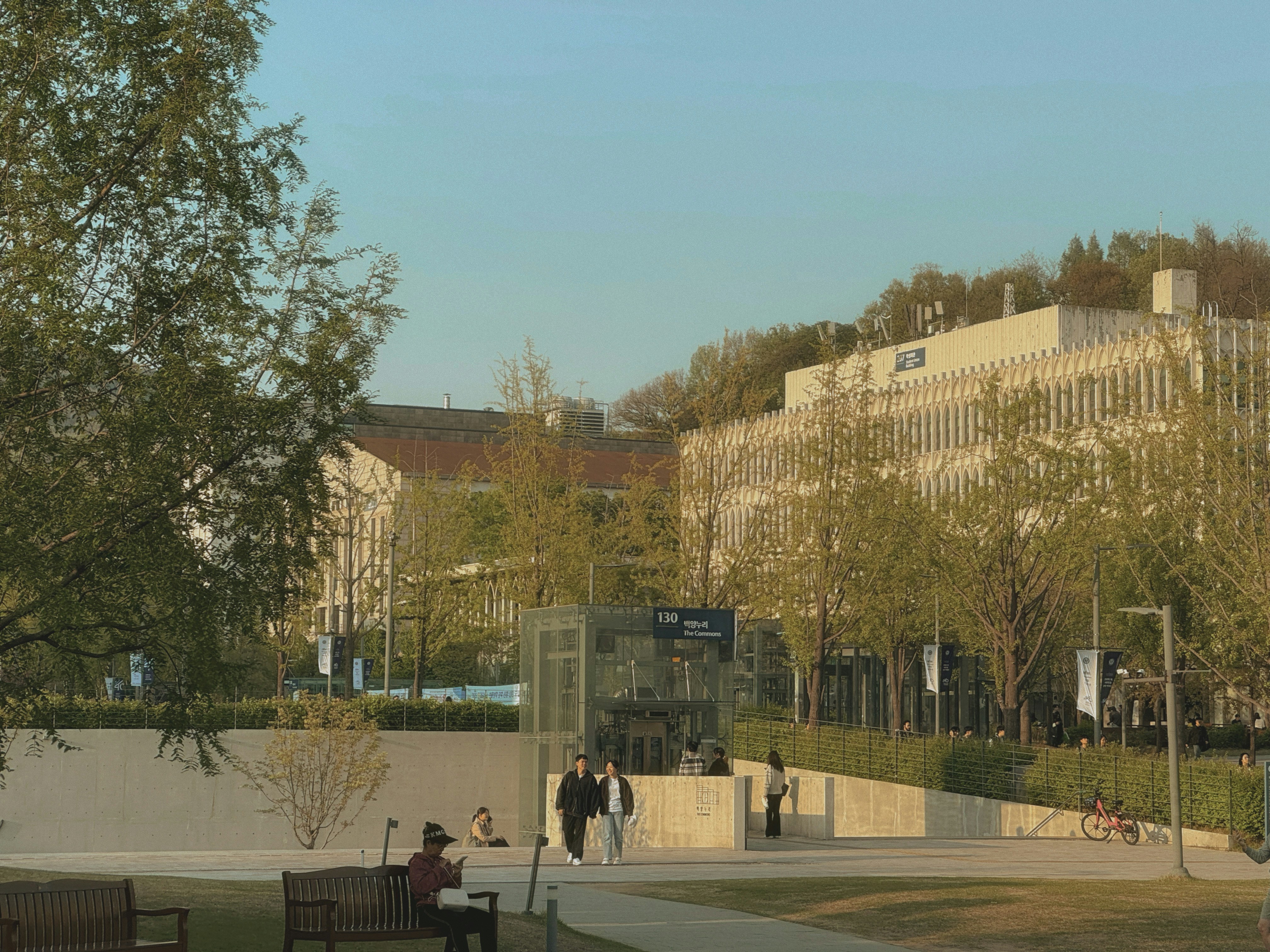 Modern building on a hill with people enjoying the park.