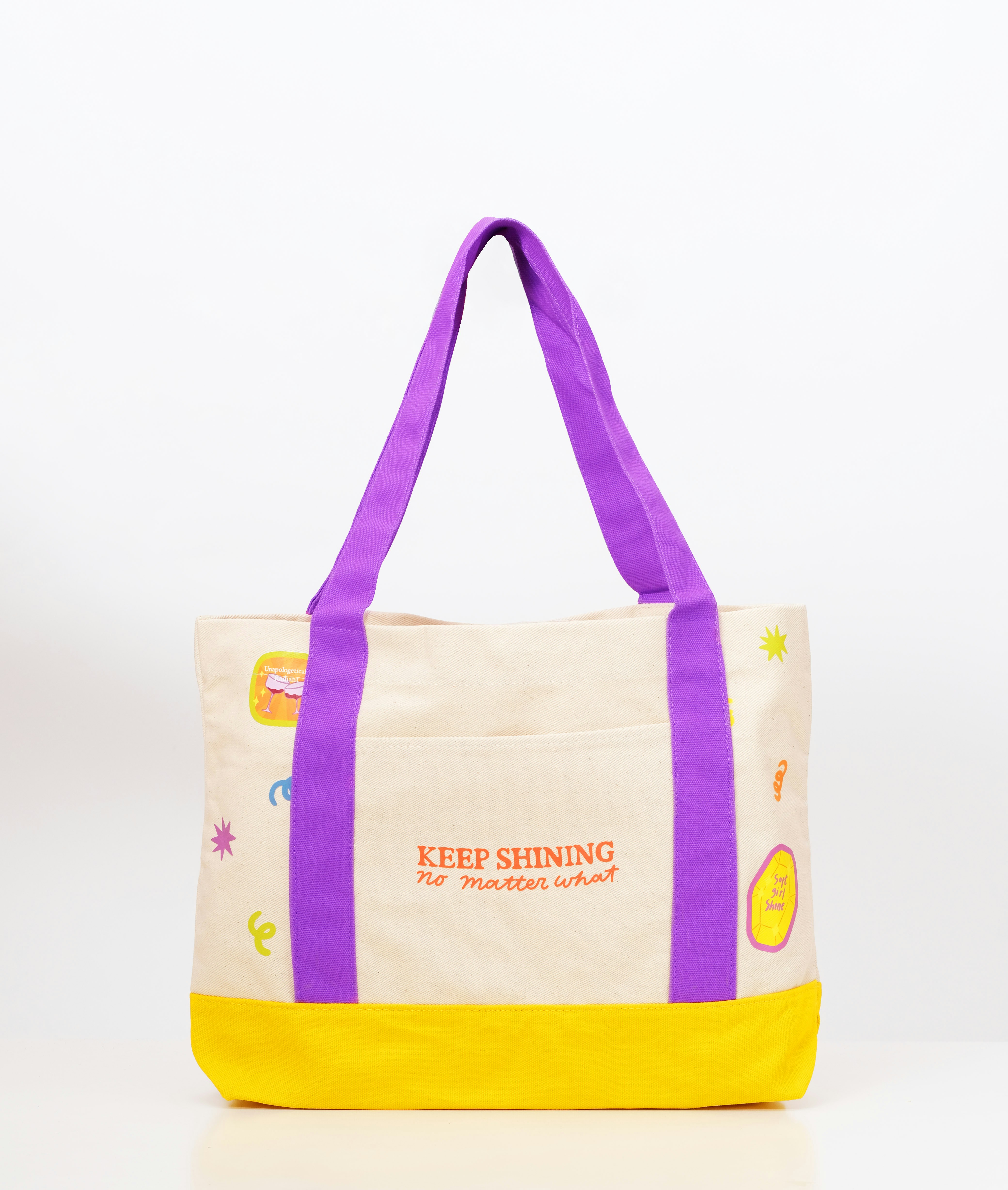 Sunlit Tote: A Playful Canvas with Purple Straps