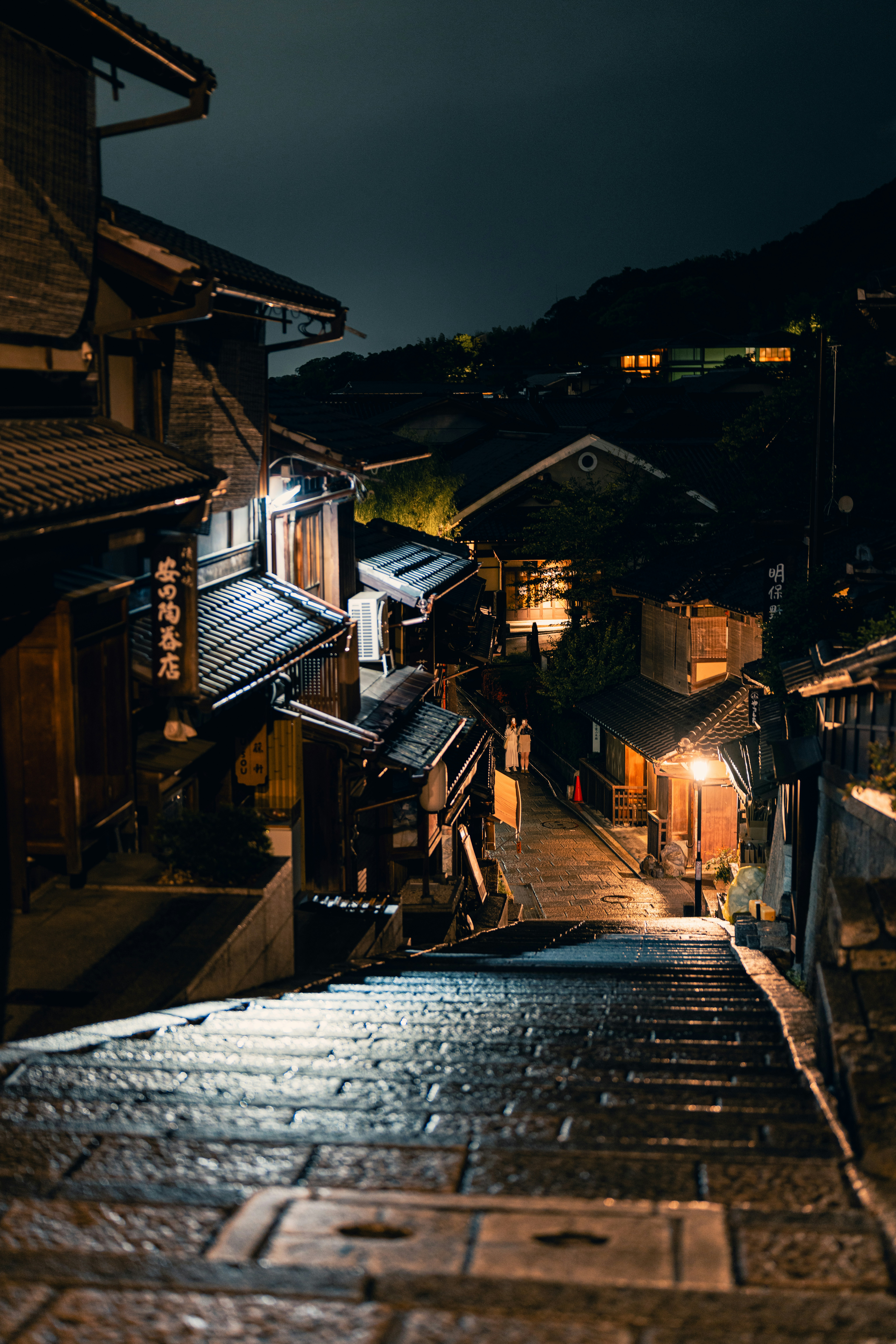 Night Staircase Through a Lantern-Lit Old Town
