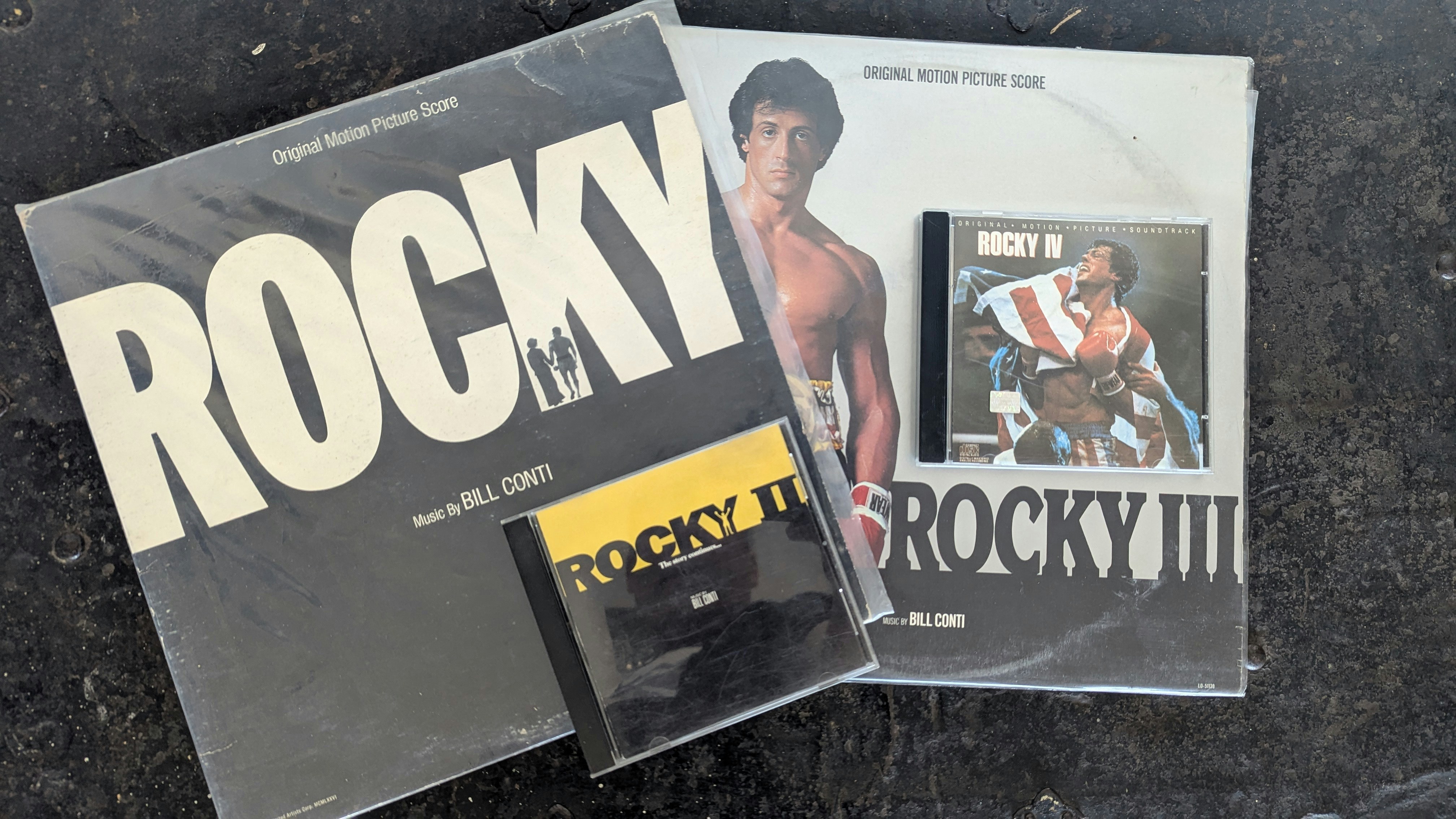 Rocky film soundtrack albums and cds displayed.