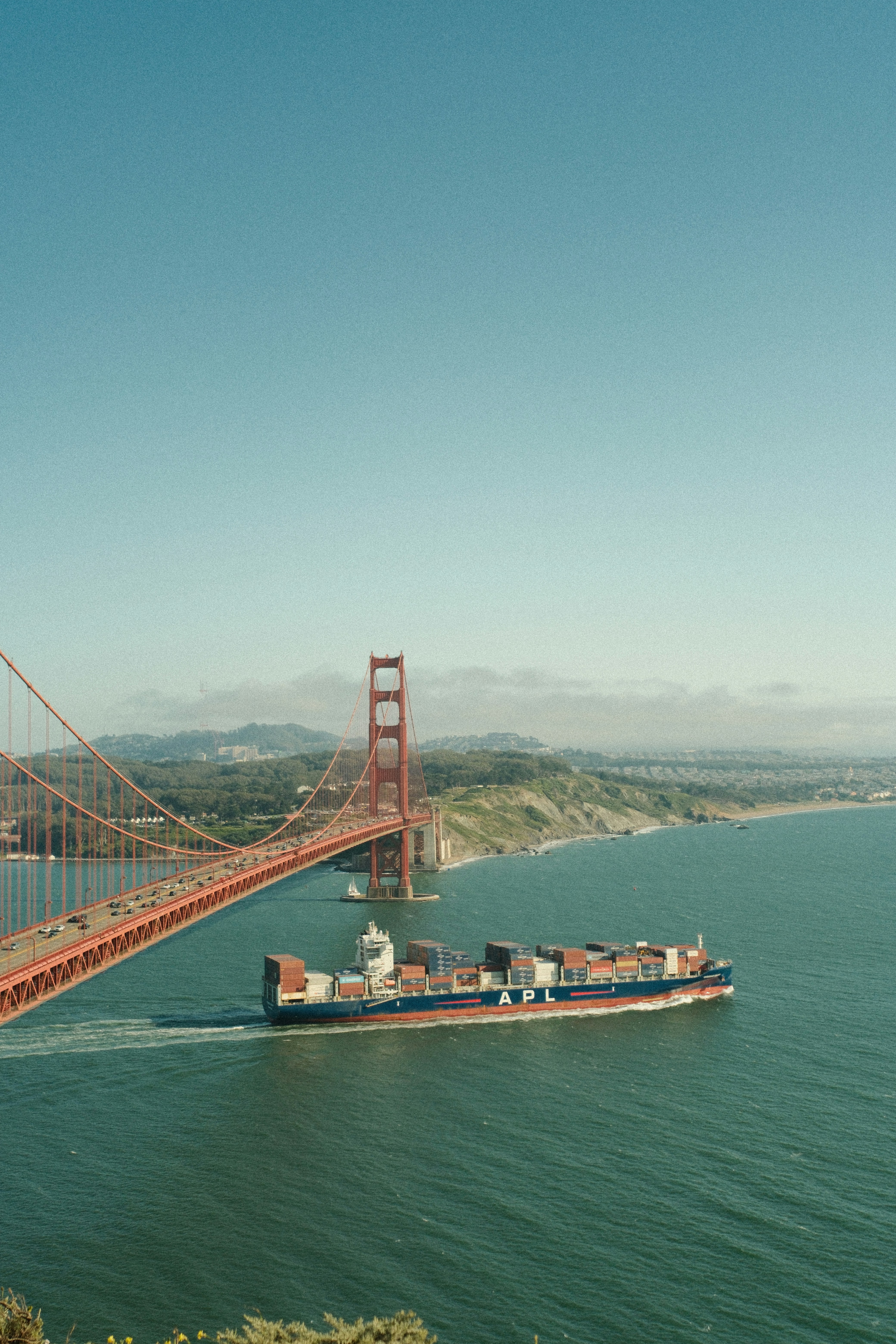 Cargo Ship Cleaving the Bay under the Red Suspension
