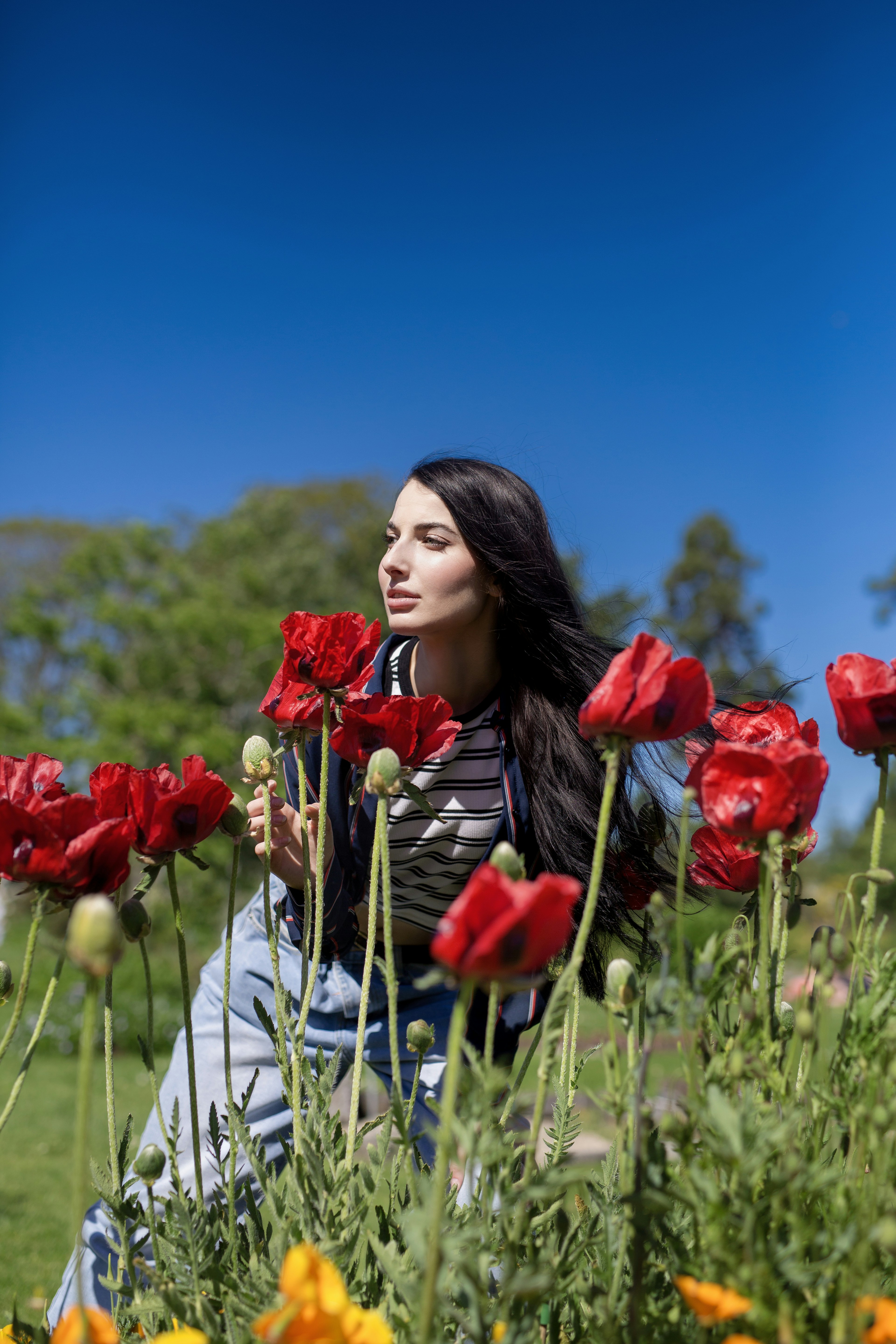Blooming Gaze: A Portrait in a Sea of Red Tulips