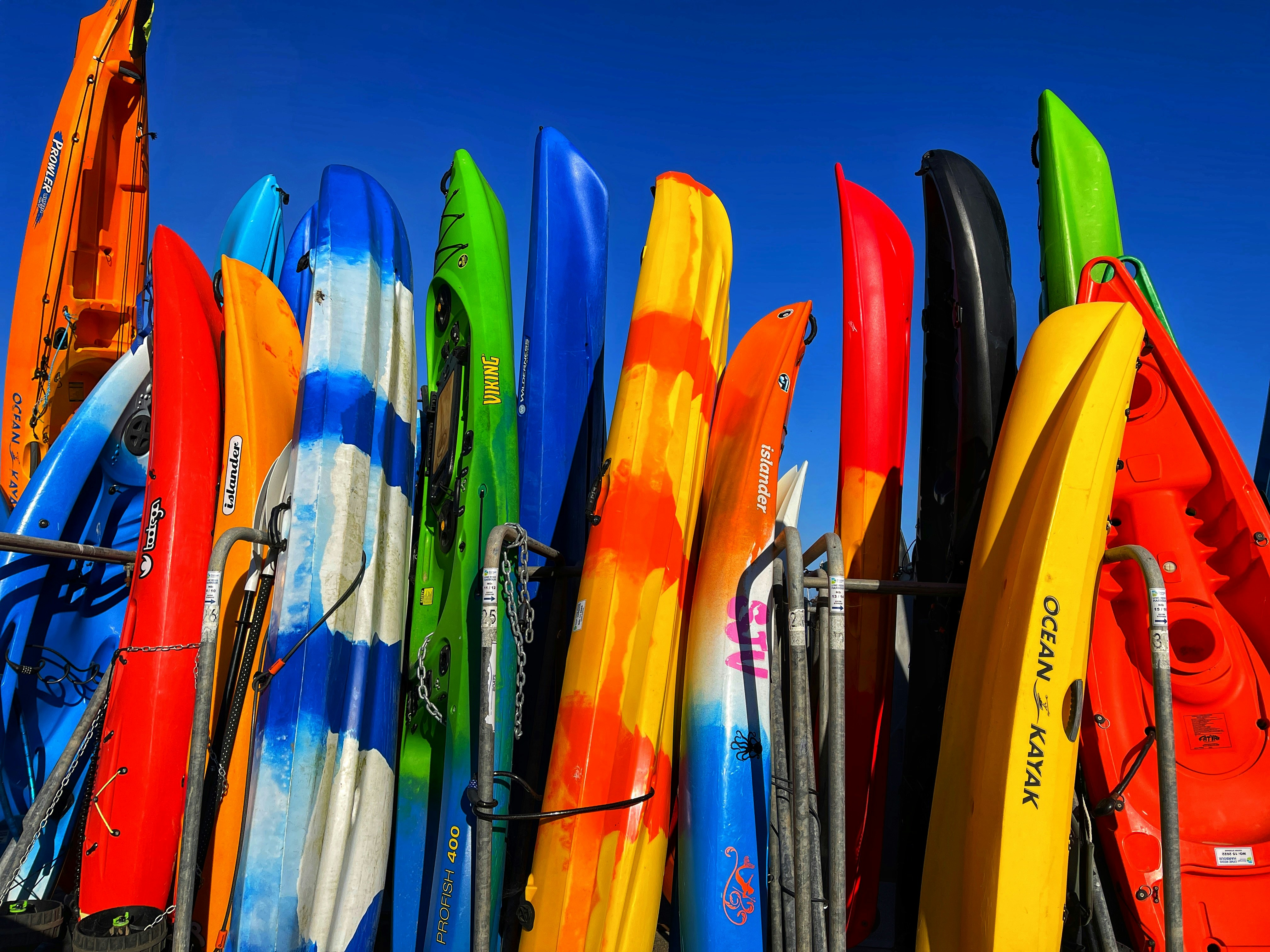 Aquatic Kaleidoscope: A Wall of Vibrant Kayaks