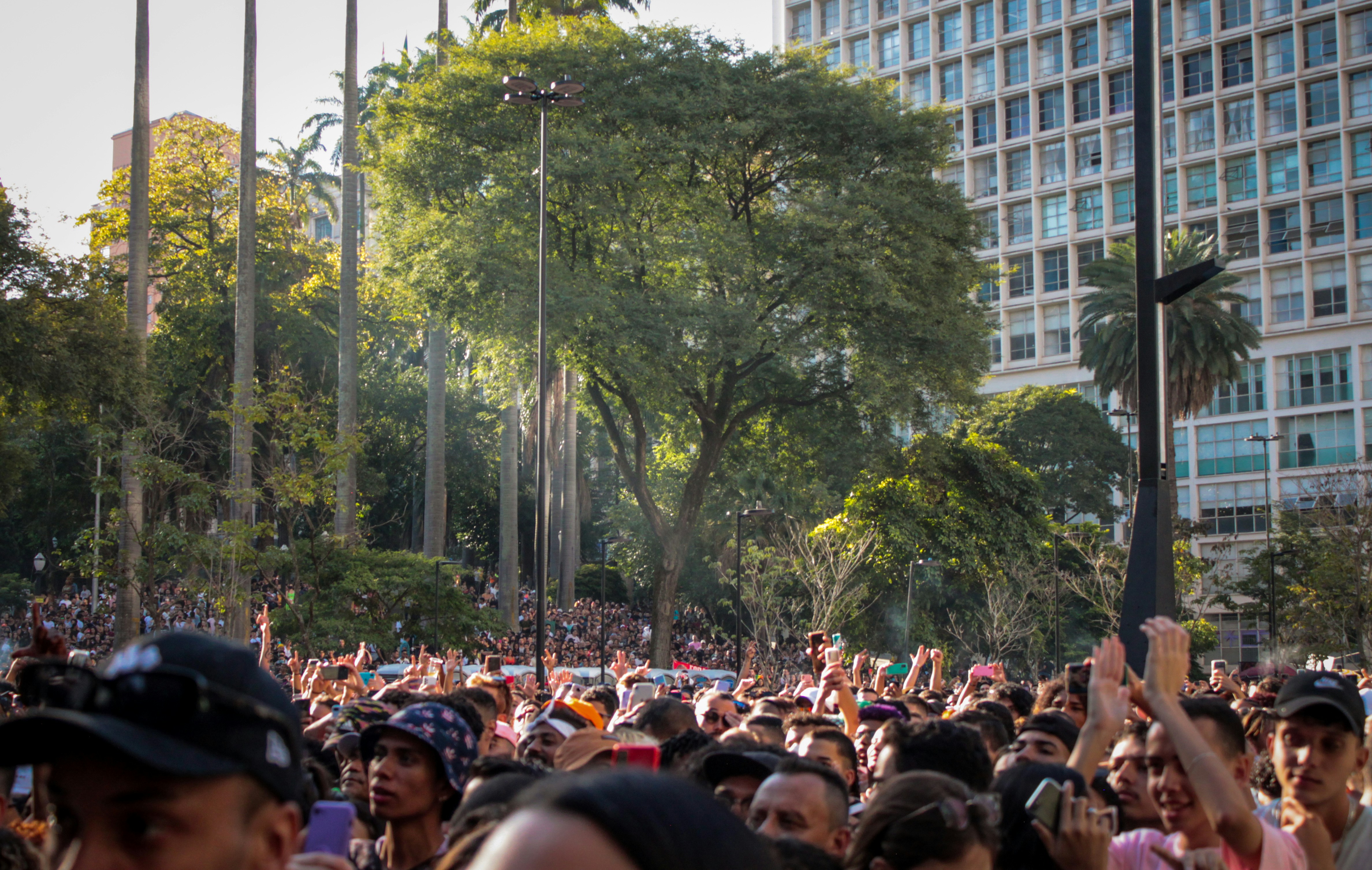 Sunlit City Square: Crowds Rally Under Tall Trees and Modern Glass