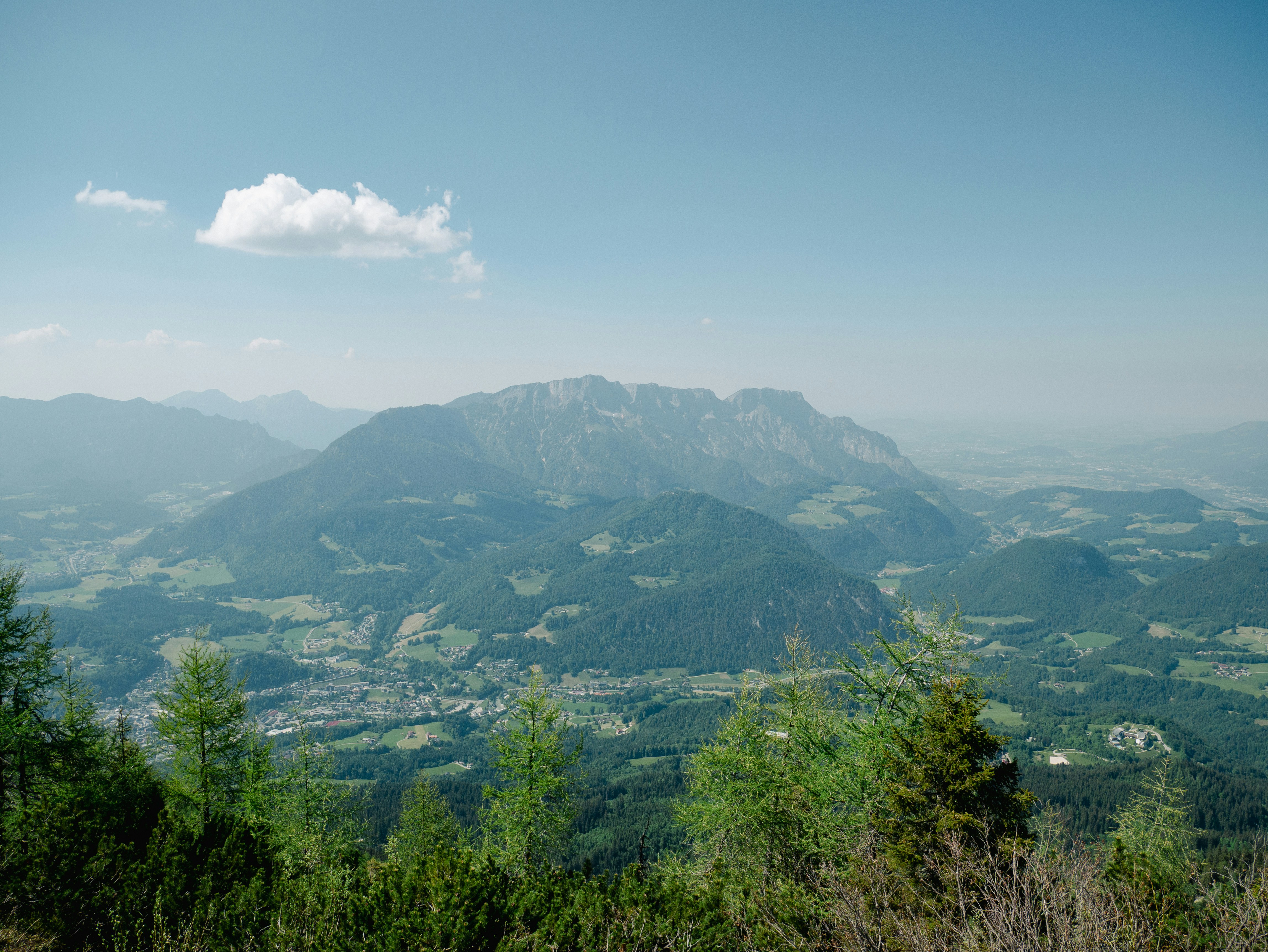 Rolling green valleys and distant mountains framed by foreground trees, revealing a wide panorama with a distant alpine peak. A scenic landscape emphasis with natural colors and depth.