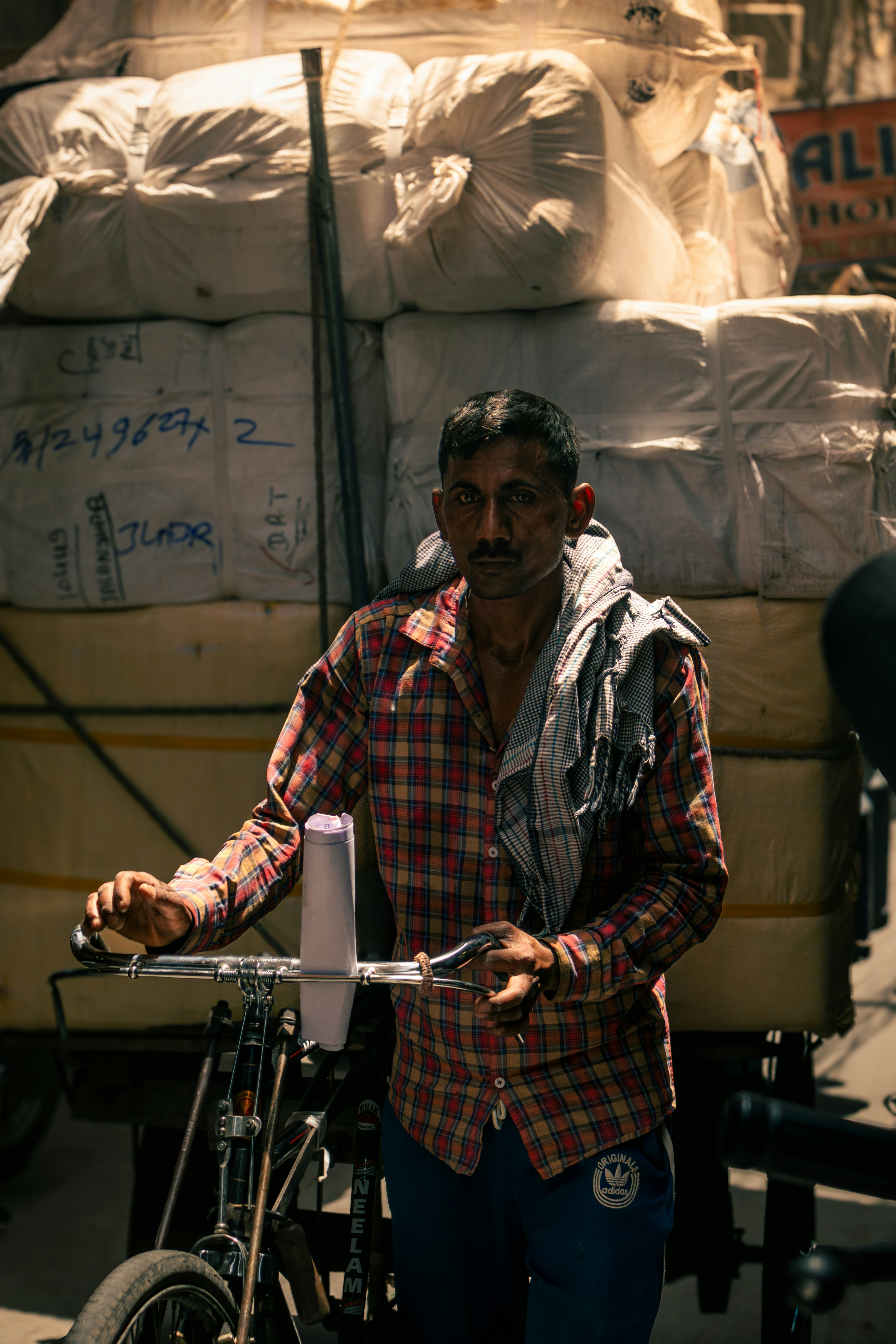 Carrier of Colors: A Goods Cart Operator Amidst Bales