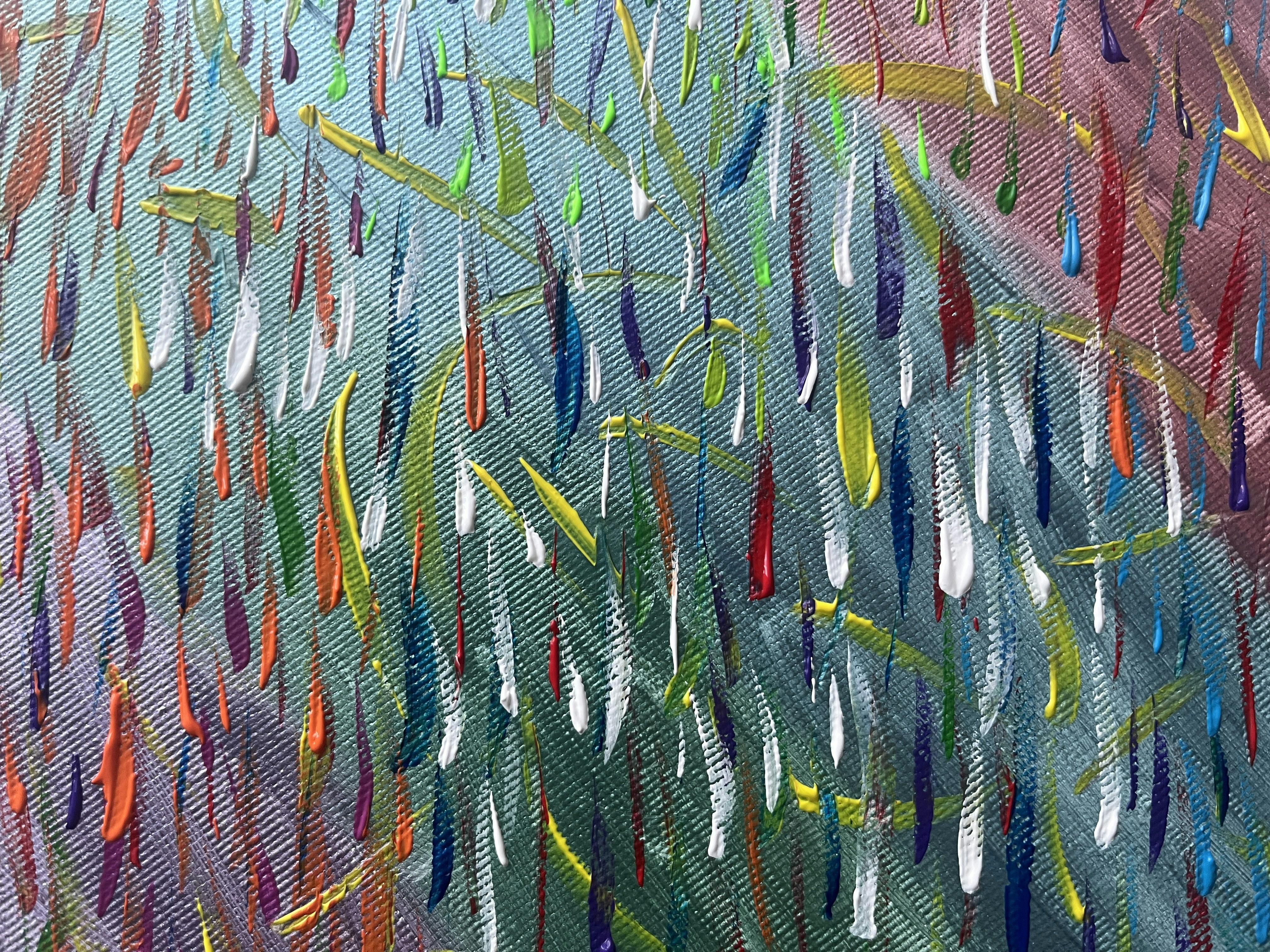 Macro shot of textured canvas art featuring vertical, multi-colored paint droplets over a metallic blue and pink abstract background.