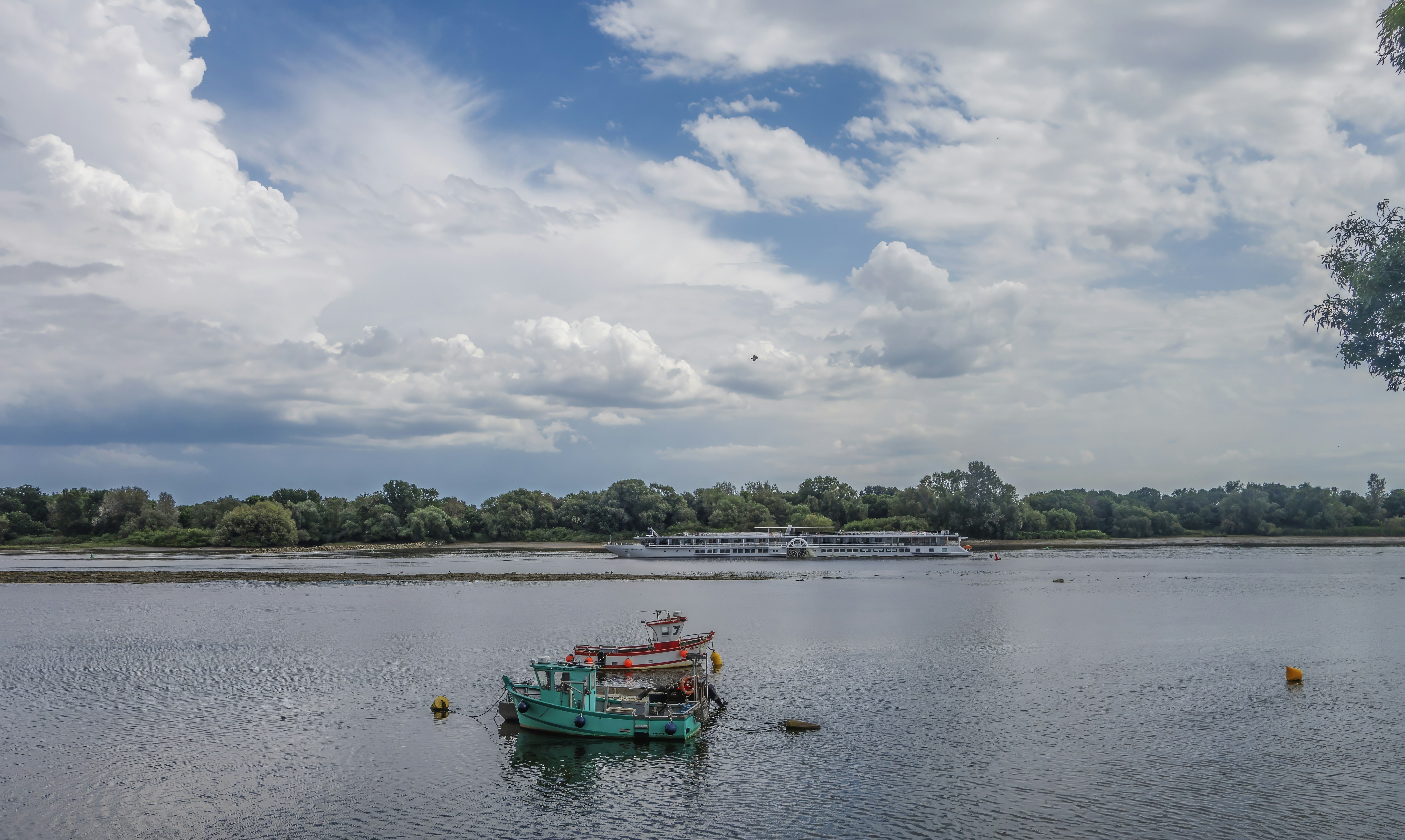 White ship and small boats on river under cloudy sky.