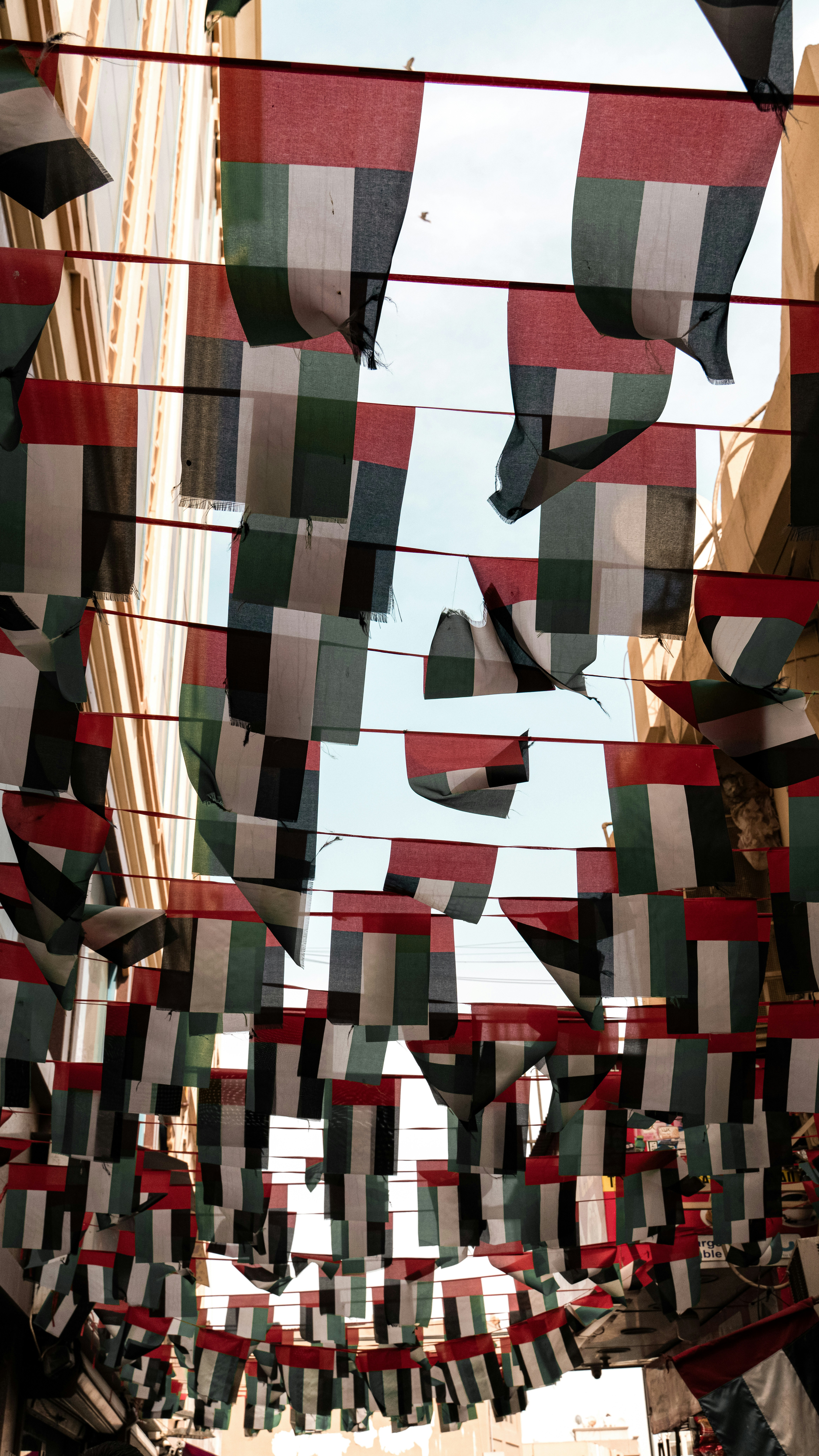 United arab emirates flags strung across a street.