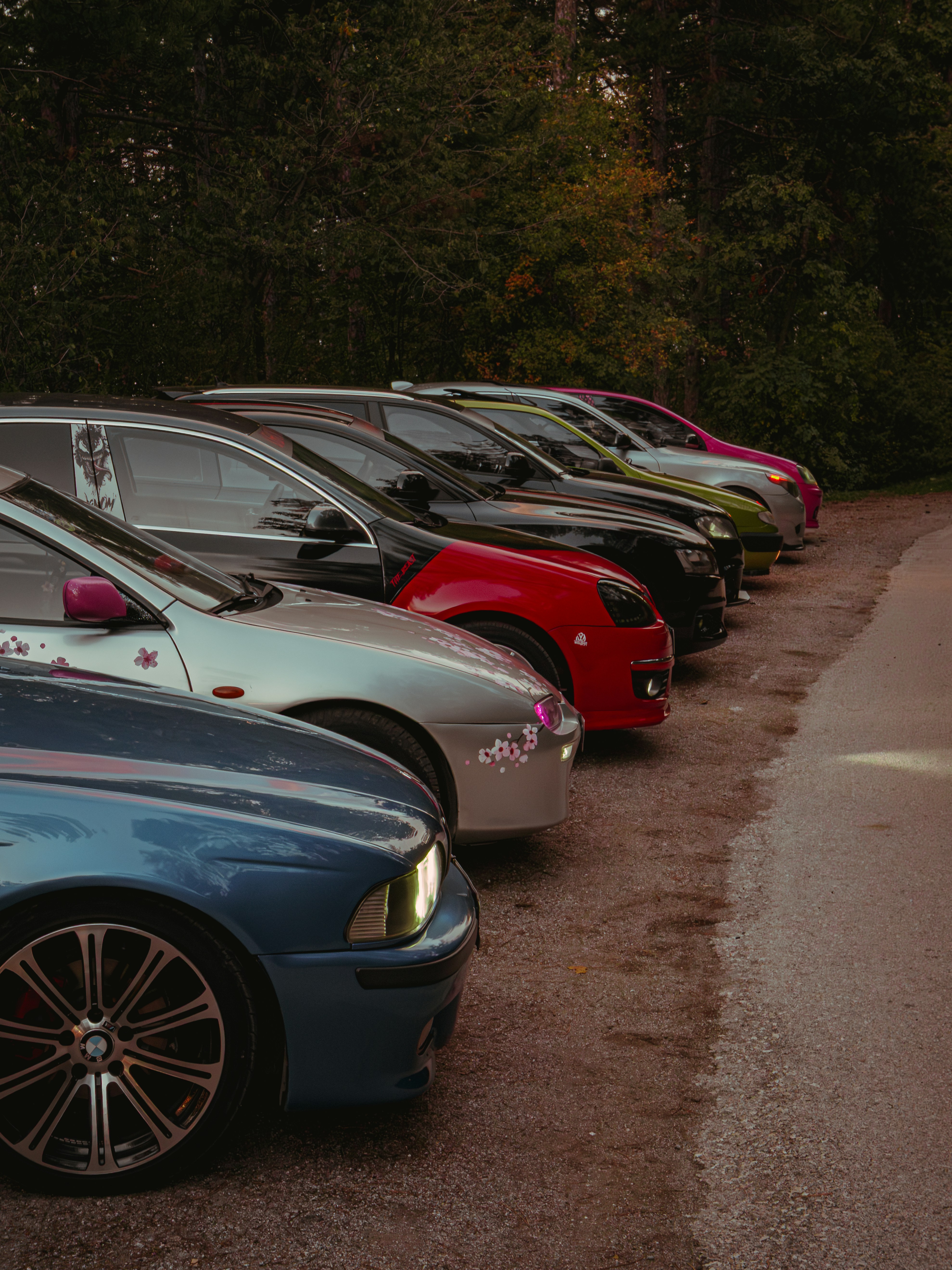 Line of Colorful Sedans: A Quiet Parking Row