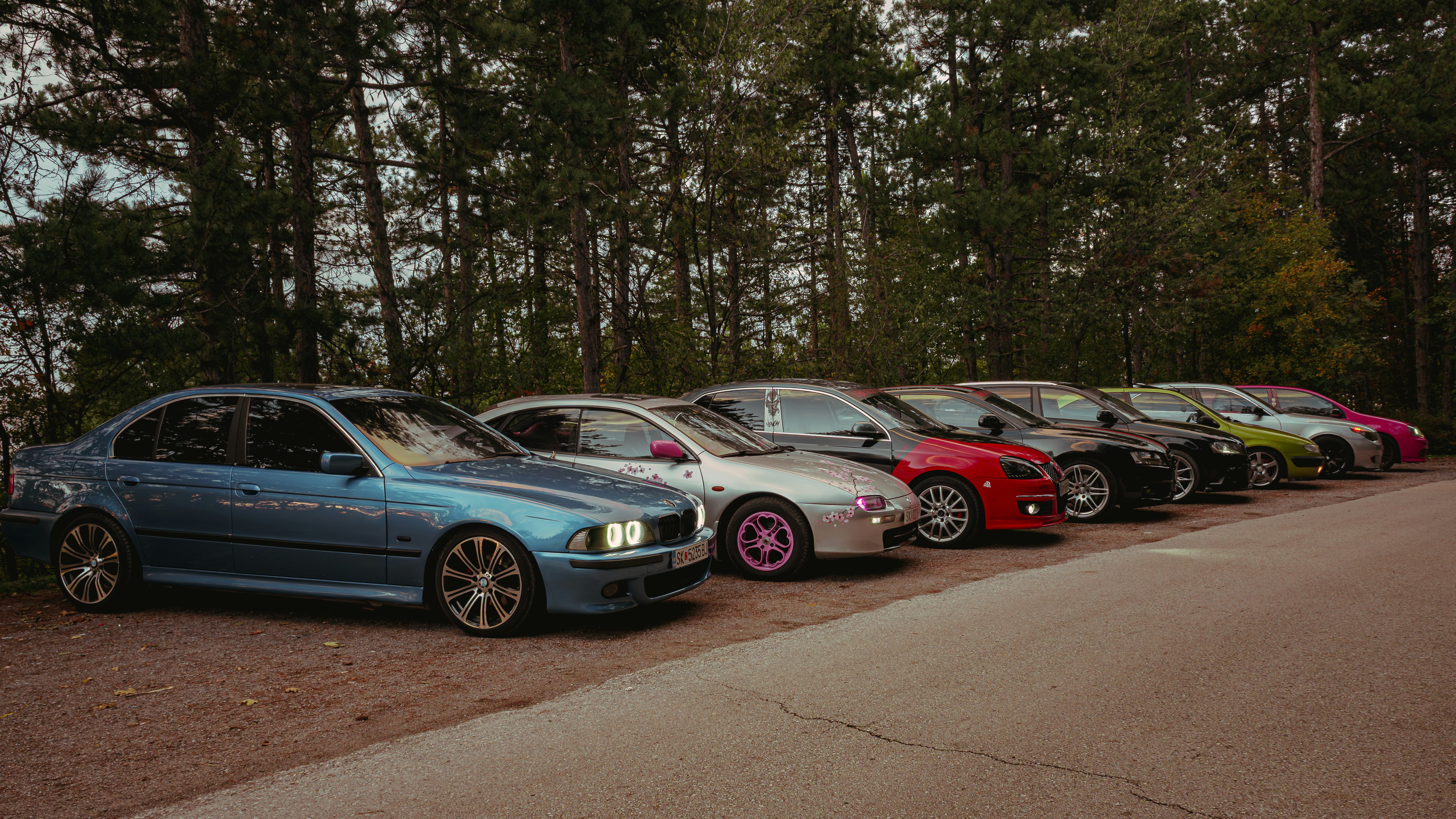 Row of Colorful Sport Sedans: Parking Lot Portrait