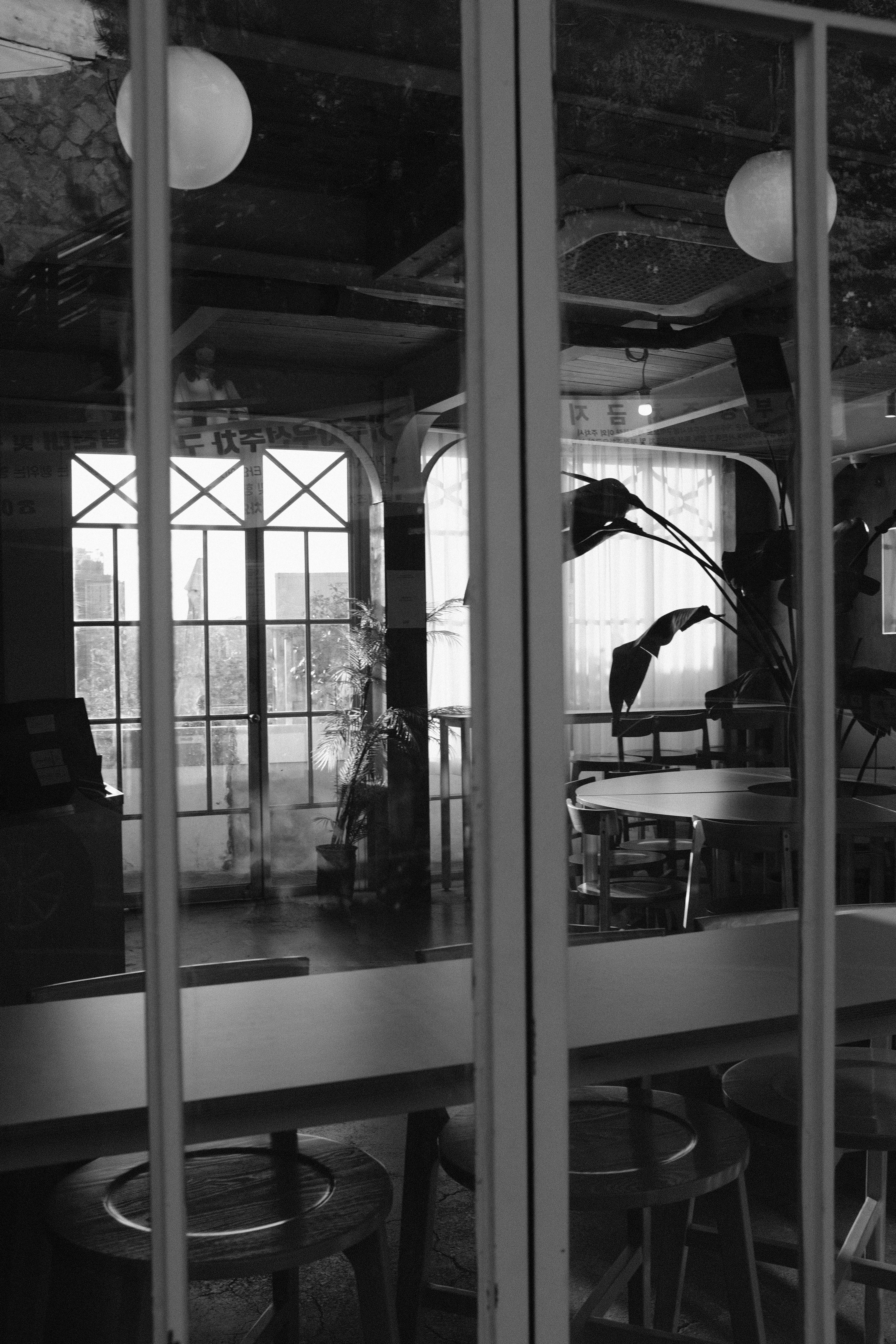 Monochrome interior of a café visible through vertical glass panels, with tables and chairs, a plant and soft daylight from outside.
