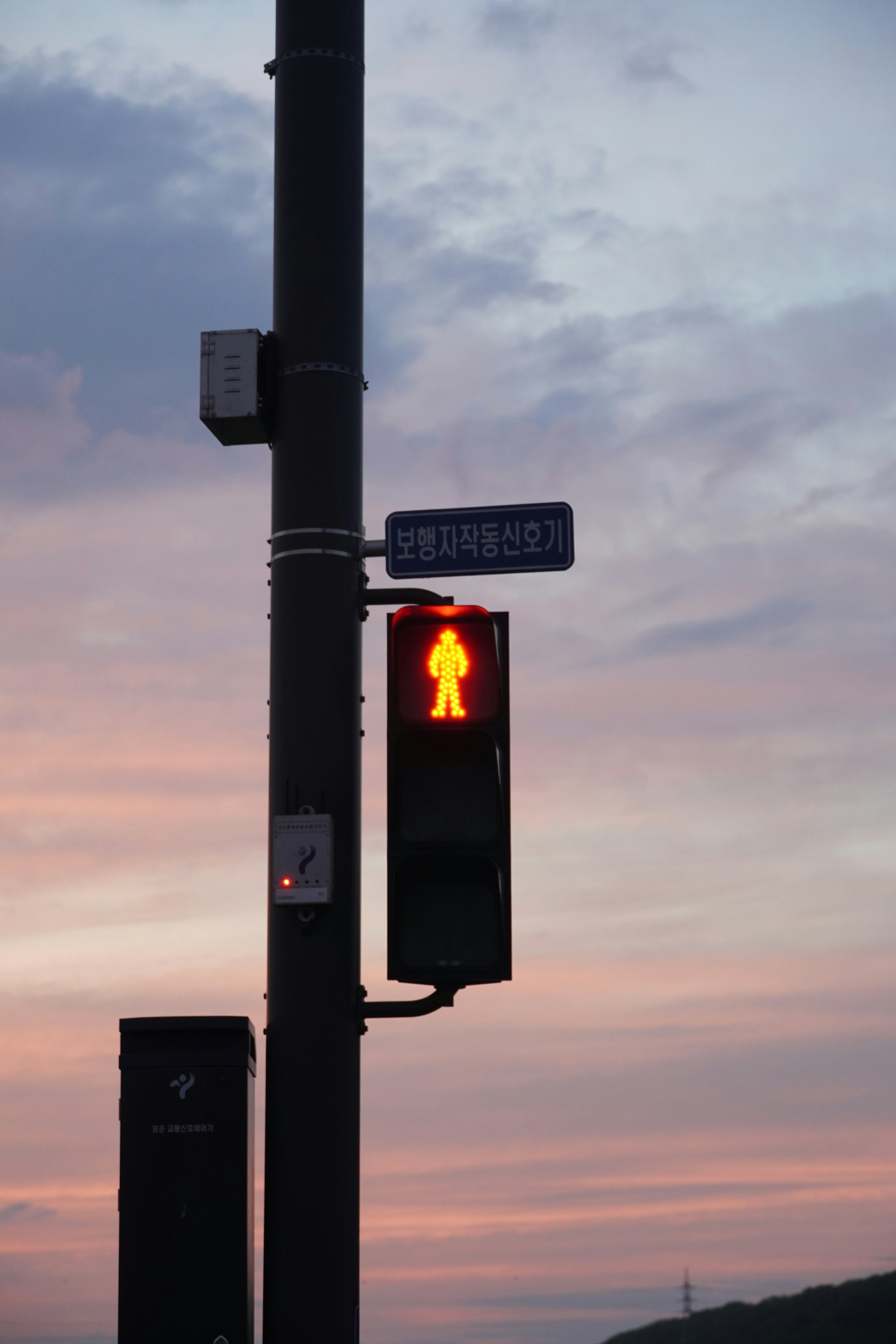Red Pedestrian Signal at Dusk by a Korean Streetlight