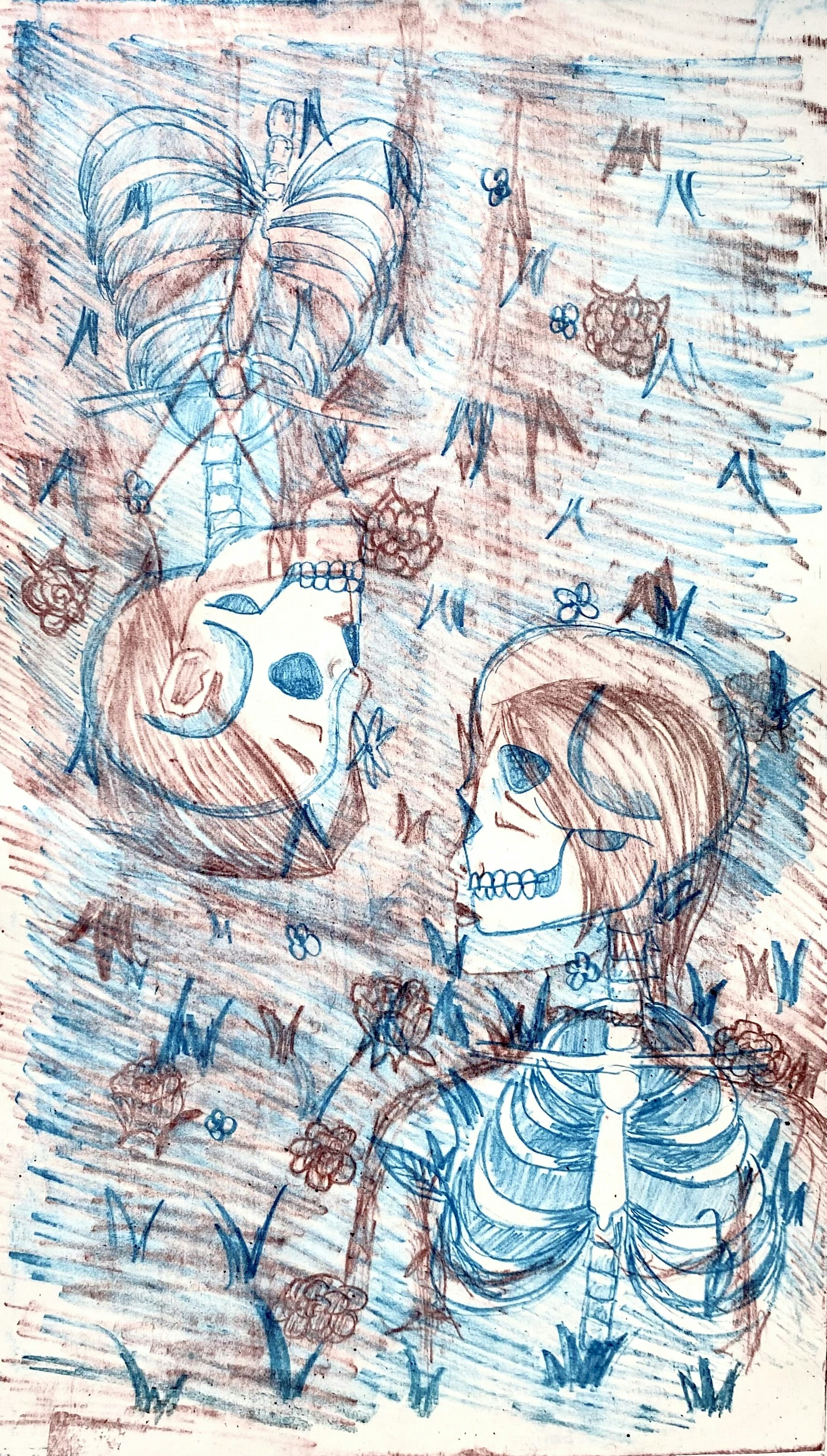 Skeletons in a Loom of Flowers: A Dreamlike Scene on Paper