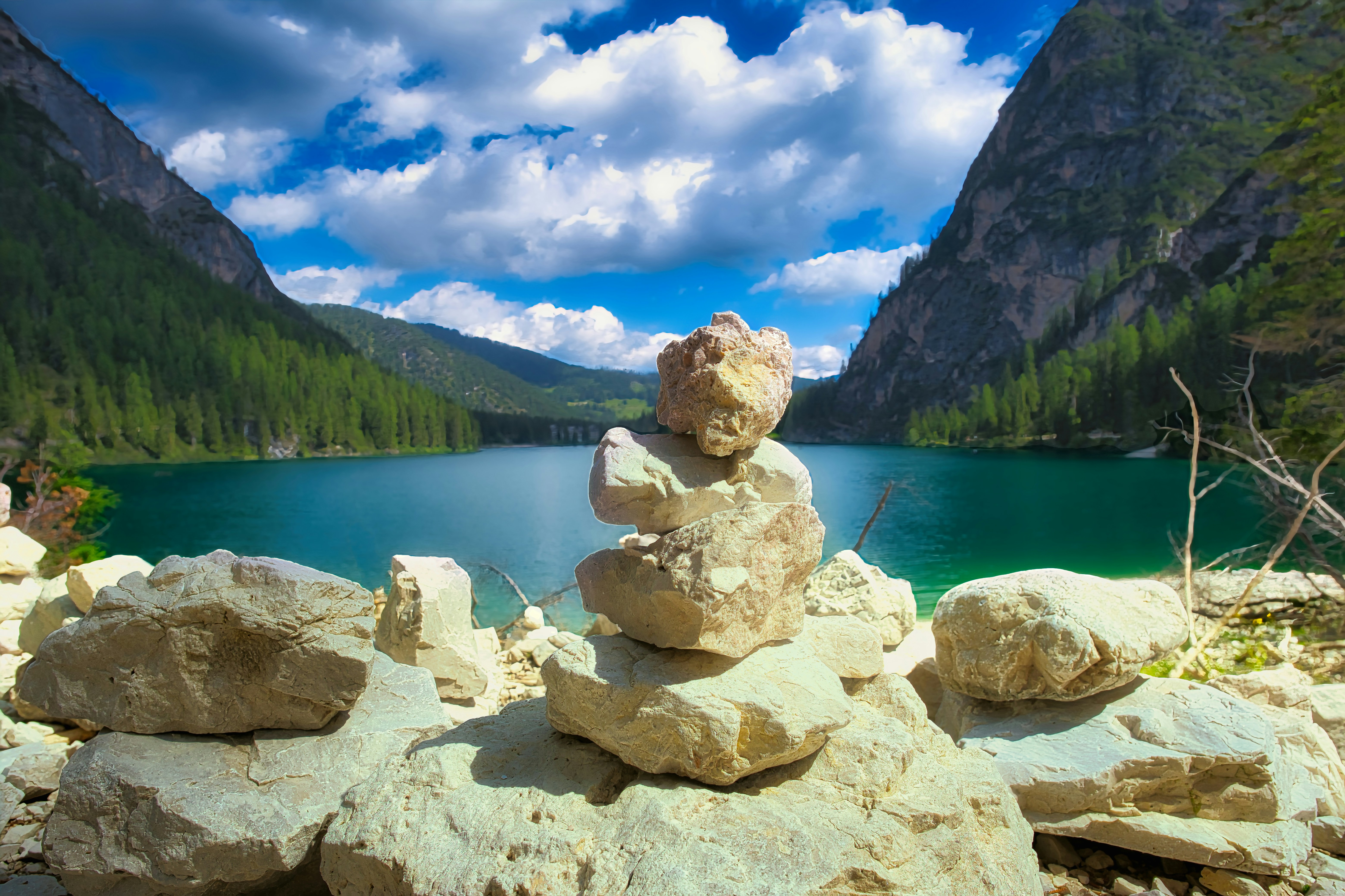 Balanced Boulder Stack by Turquoise Alpine Lake