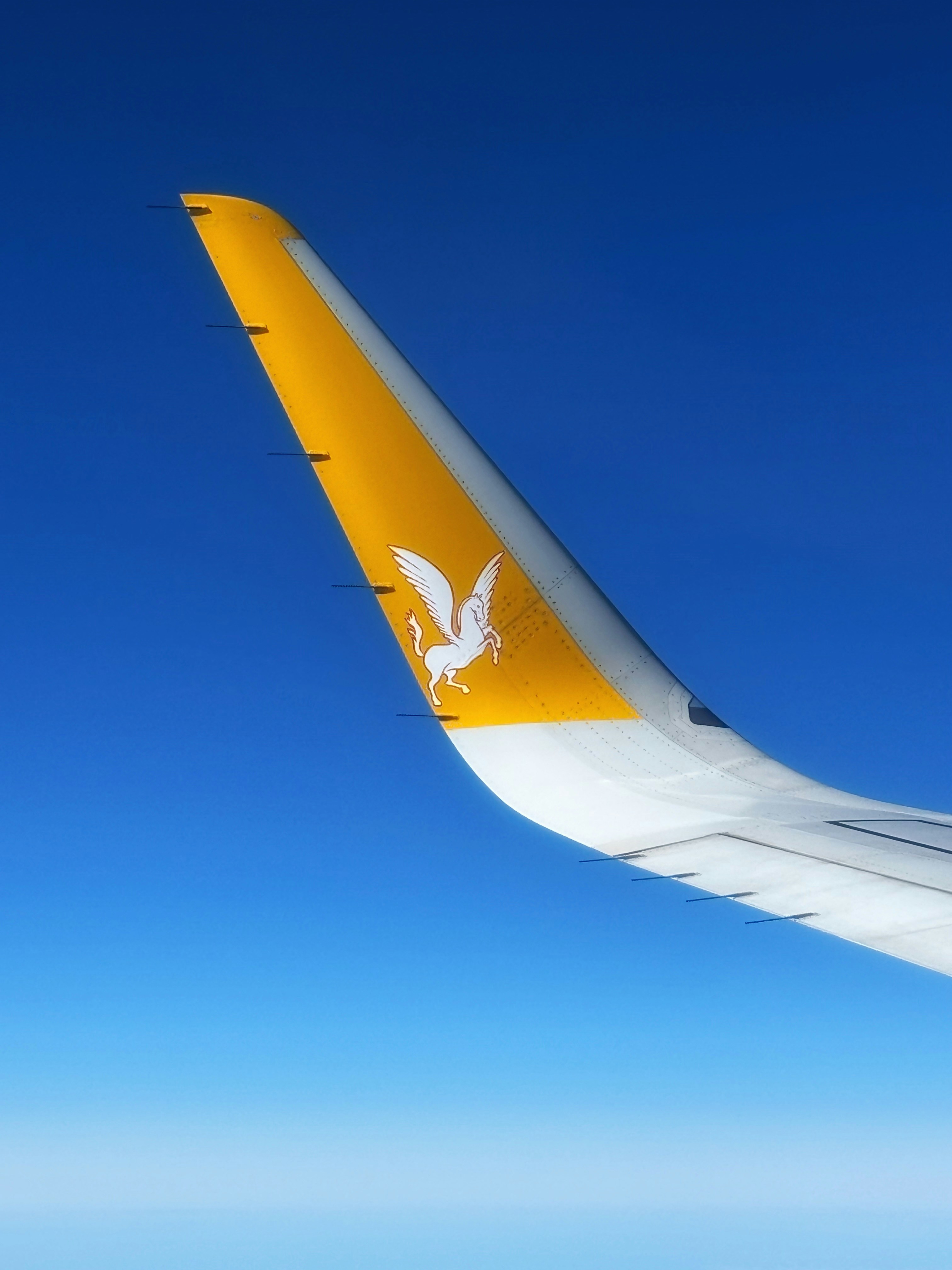 Airplane wing with pegasus logo against a clear blue sky.
